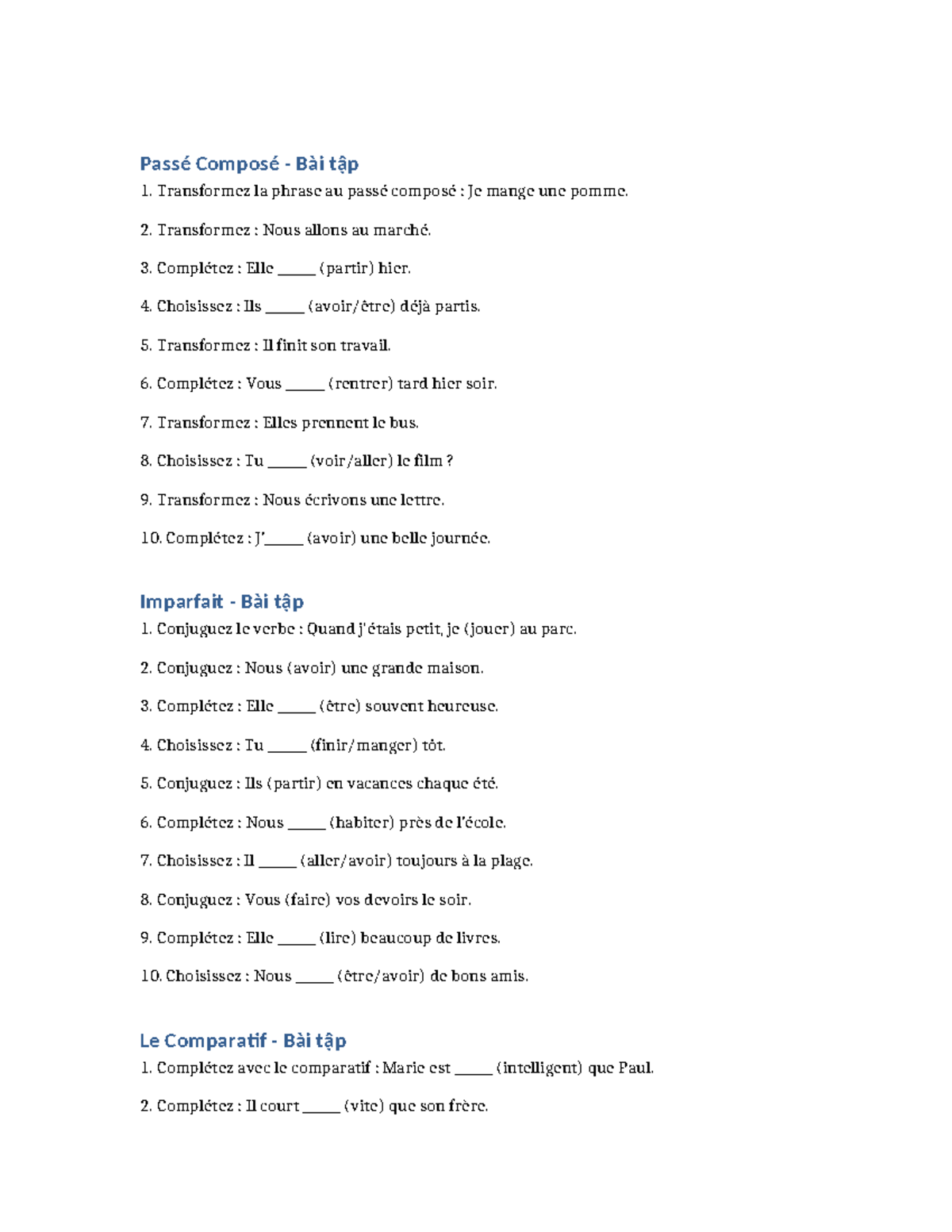French Exam Practice Final: Passé Composé, Imparfait, Comparatif ...