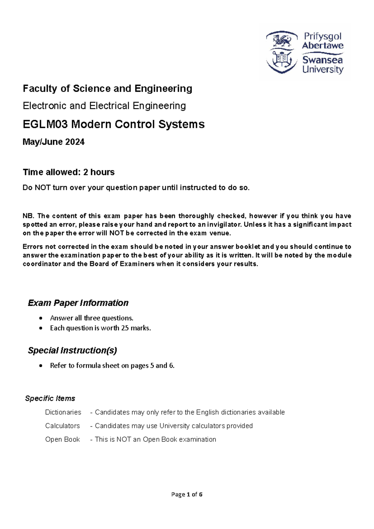 EGLM03 Modern Control Systems Exam Paper 2023-2024 - Studocu