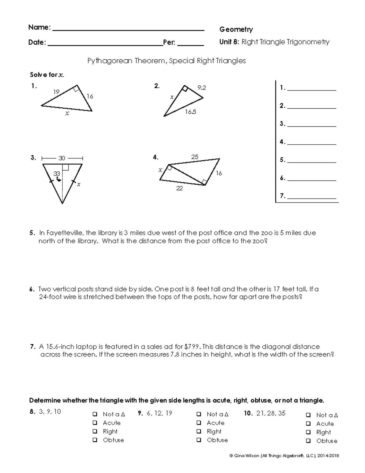 More Review Pythagorean Theorem & Special Right Triangles - 3. 4. 6 ...