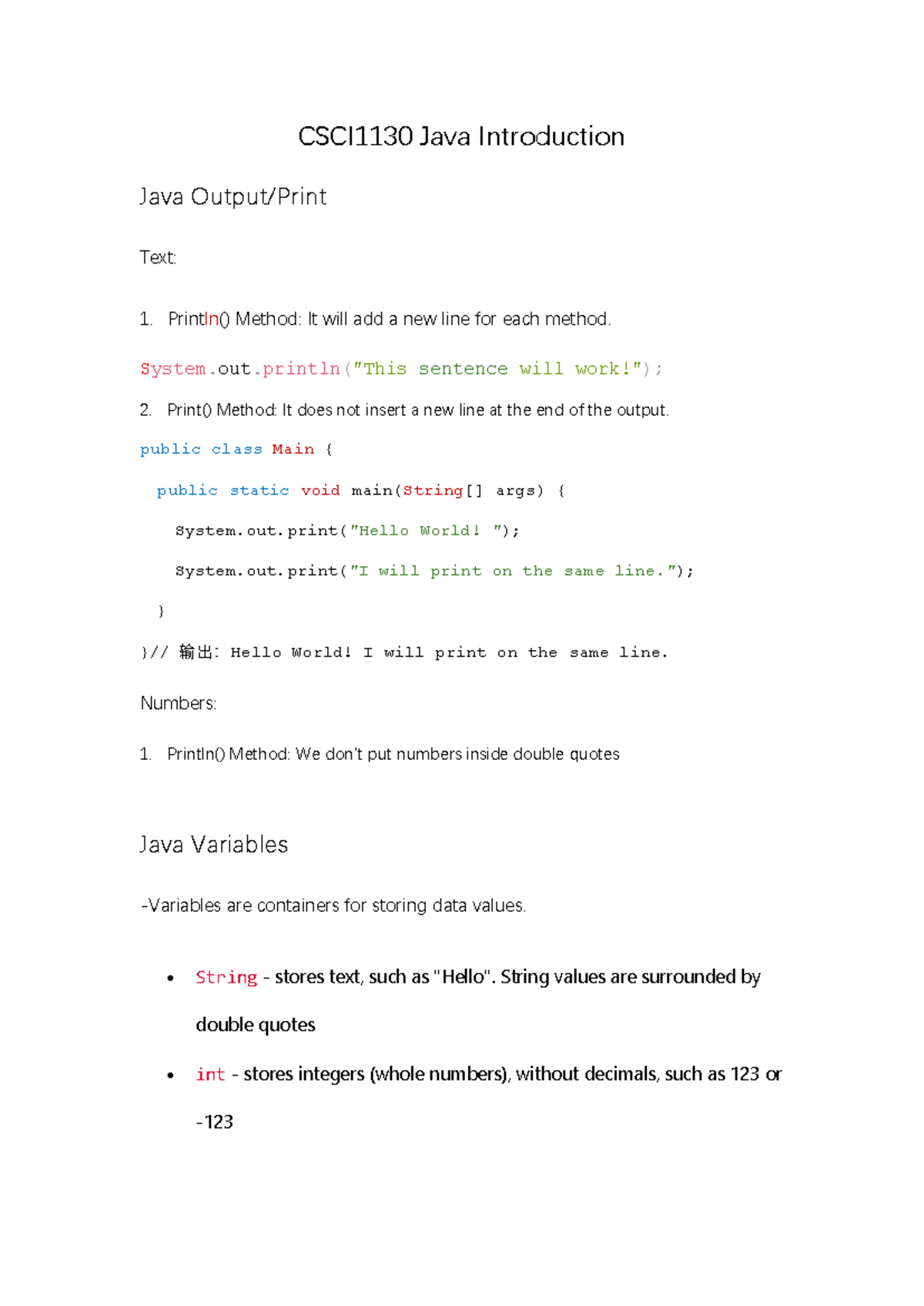 Java Introduction Notes for CSCI1130: Key Concepts and Methods - Studocu
