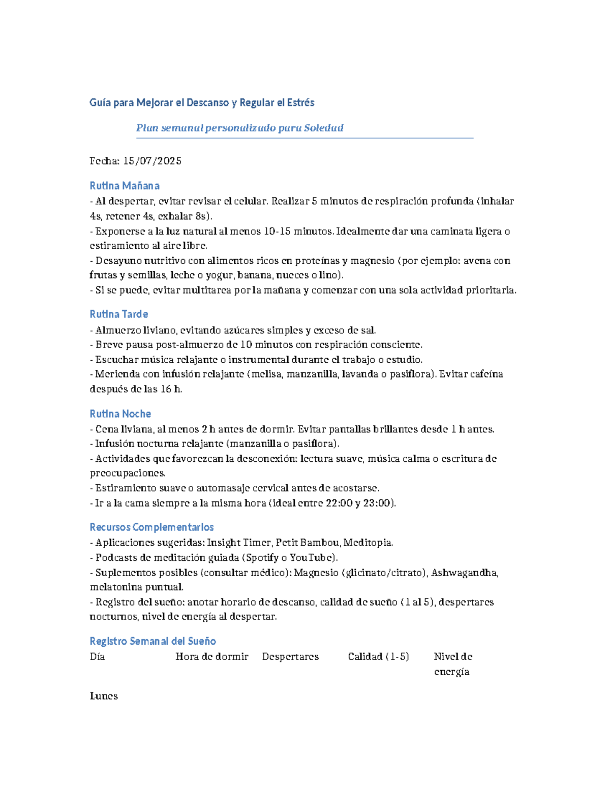 Guía Semanal para Mejorar el Descanso y Regular el Estrés - Studocu
