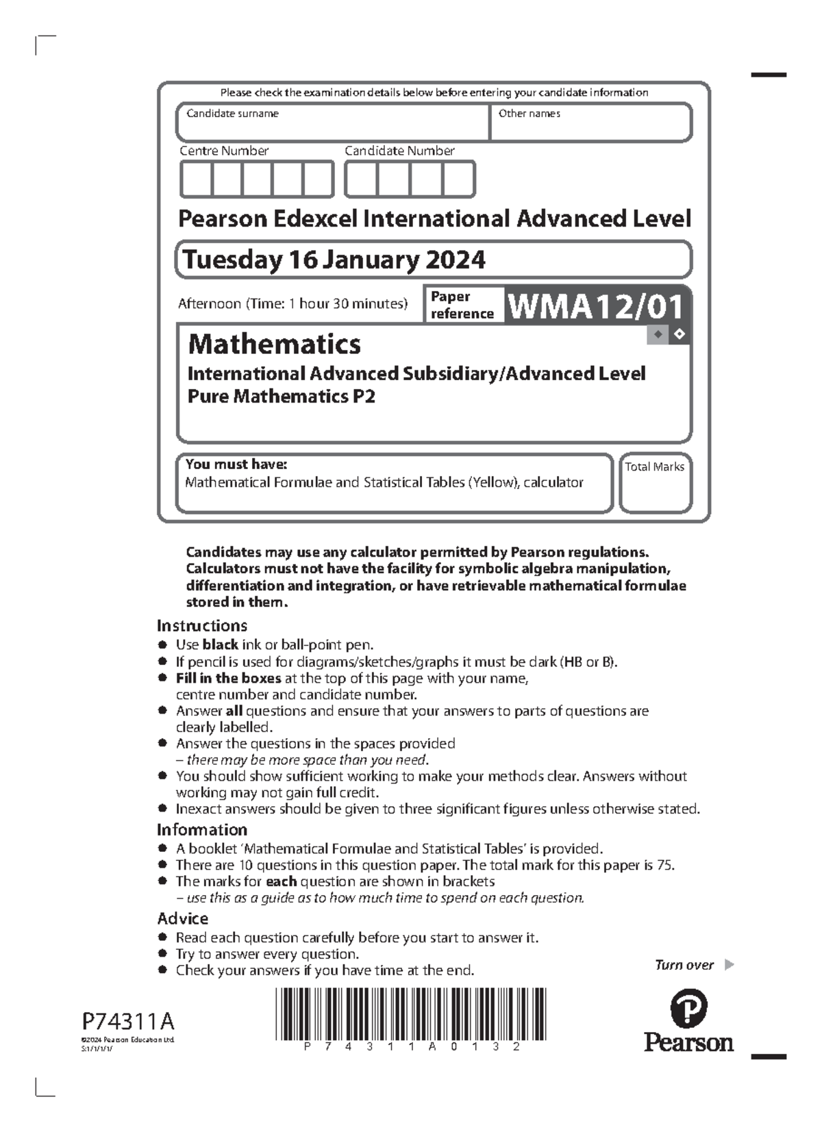 2401 WMA12 Pure Mathematics Paper 2 Exam January 2024 Notes - Studocu