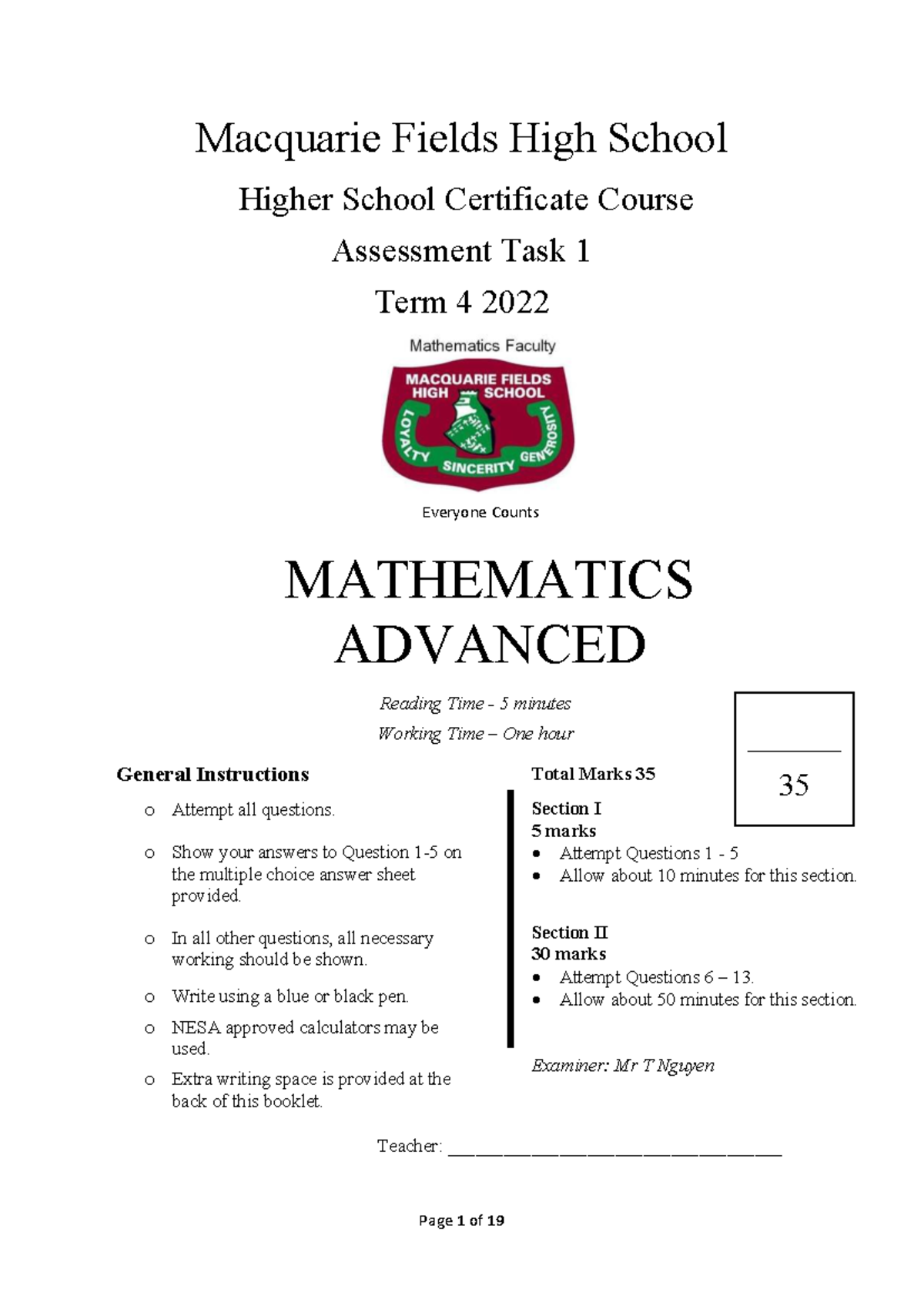 Year 12 HSC 2022 Mathematics Advanced Assessment Task 1 - Studocu