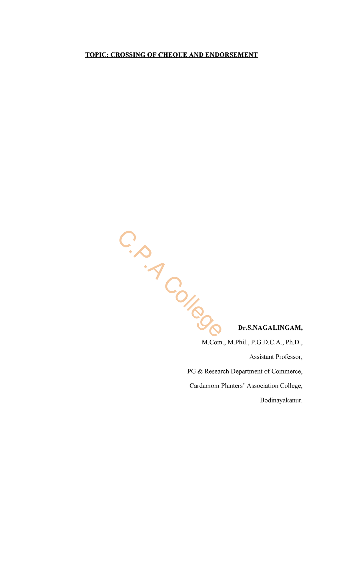 CROSSING OF CHEQUE AND ENDORSEMENT - M.Com Lecture Notes - Studocu