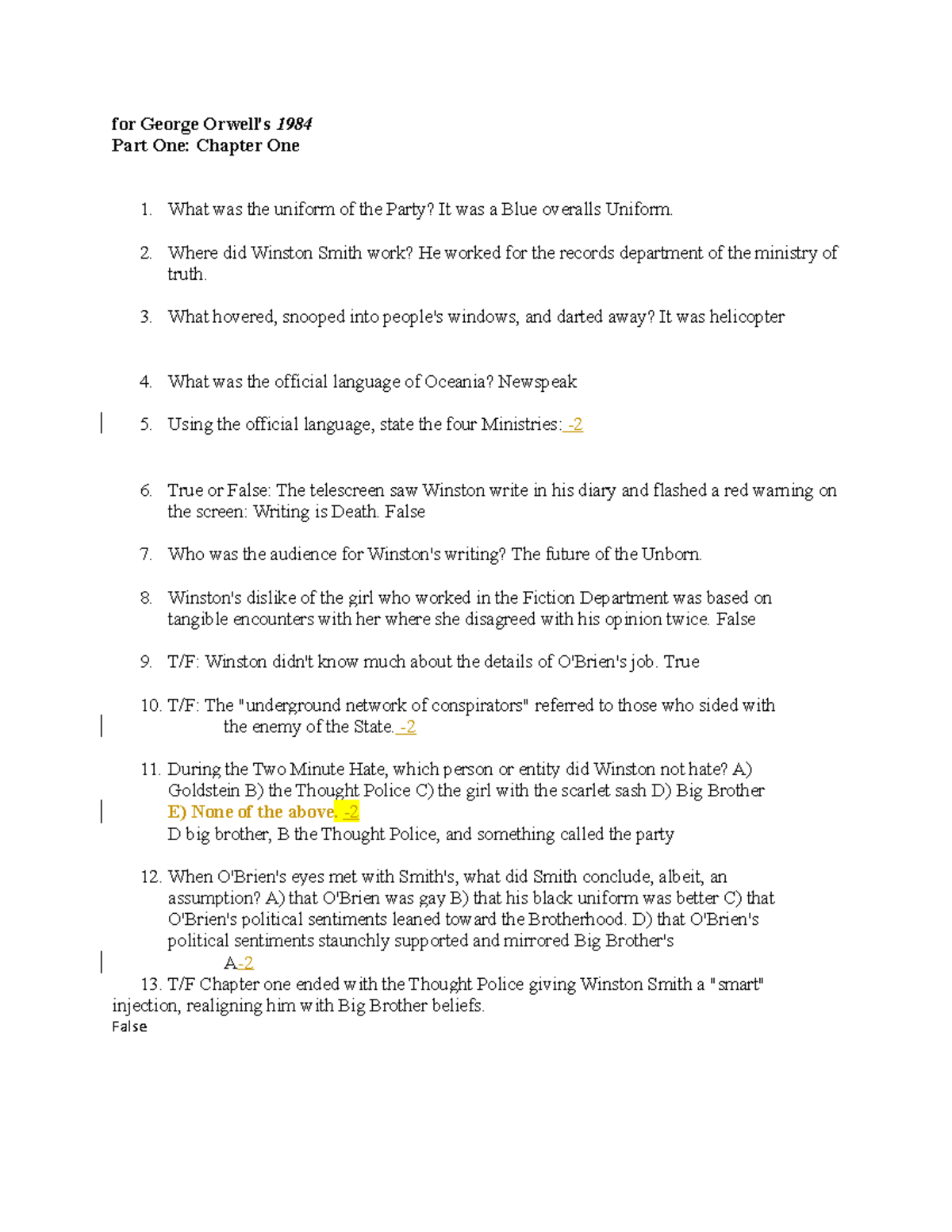 1984 Ch. 1 quiz - chapter one quiz notes - for George Orwell's 1984 ...