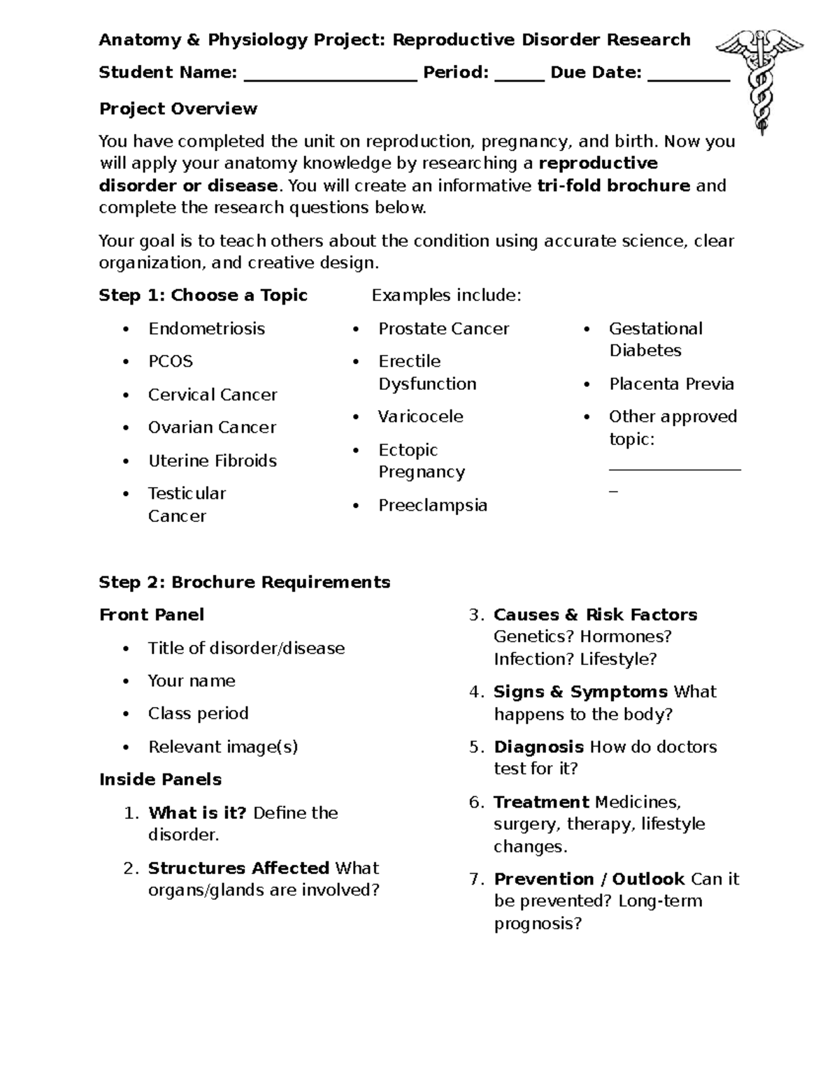 Anatomy Physiology Project: Reproductive Disorder Research Guide - Studocu