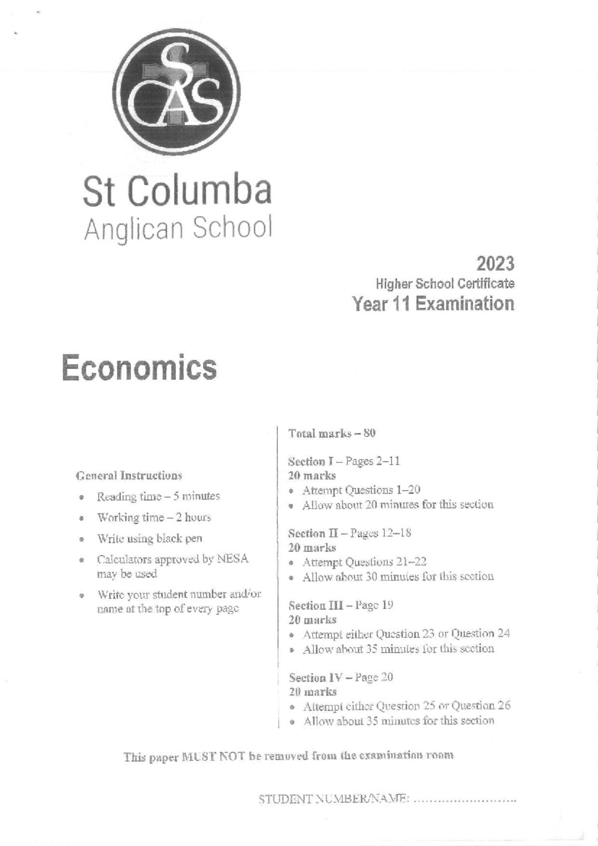 CAS Year 11 Economics 2023 Higher School Certificate Exam - Studocu