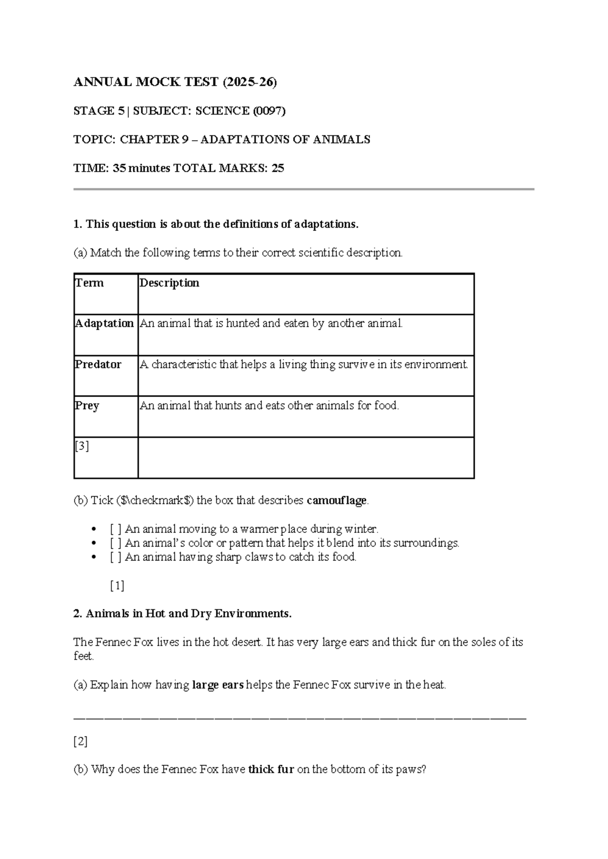 Ch-9 Adaptations of Animals Mock Test (0097) - Studocu