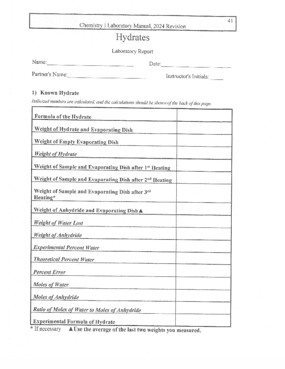 41-42 Chemistry I Lab Manual: Hydrates Report, 2024 Edition - Studocu