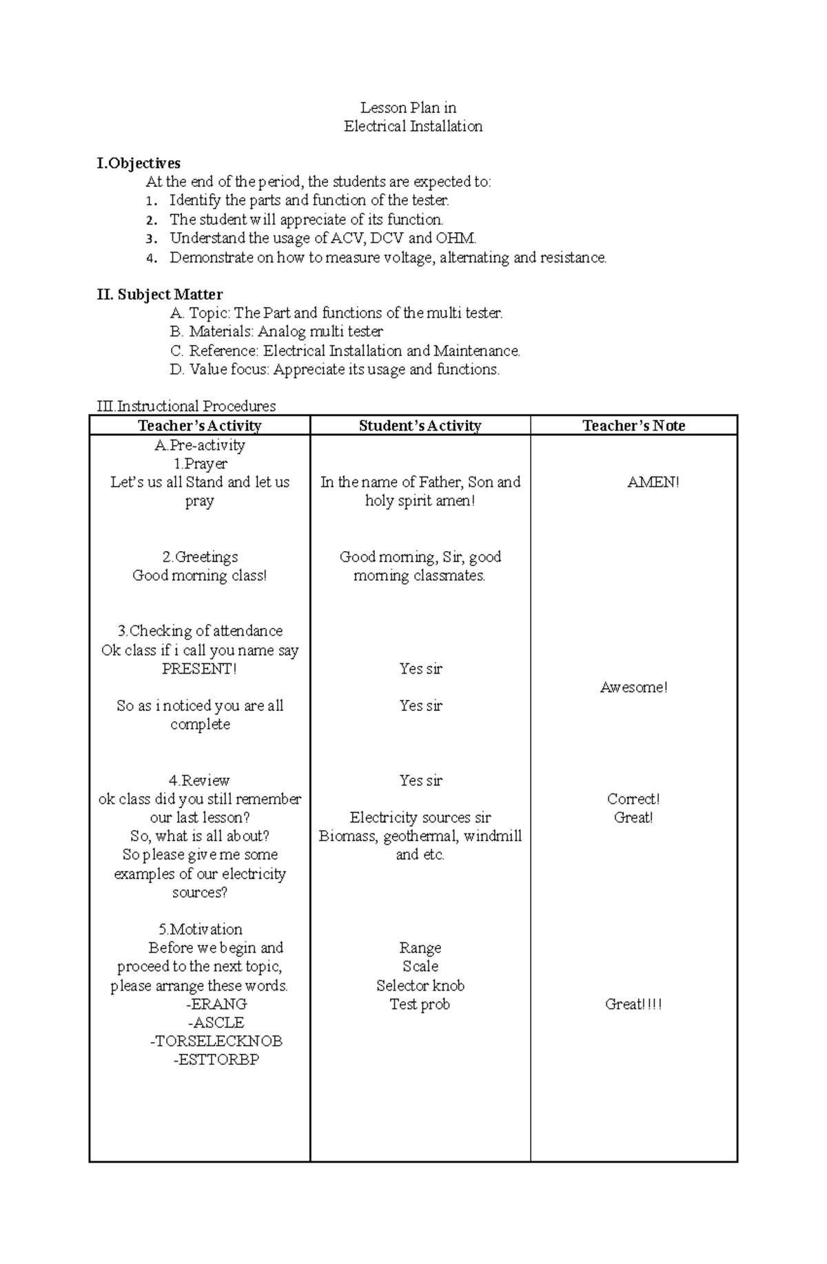 my lesson plan electrical - Lesson Plan in Electrical Installation I At ...