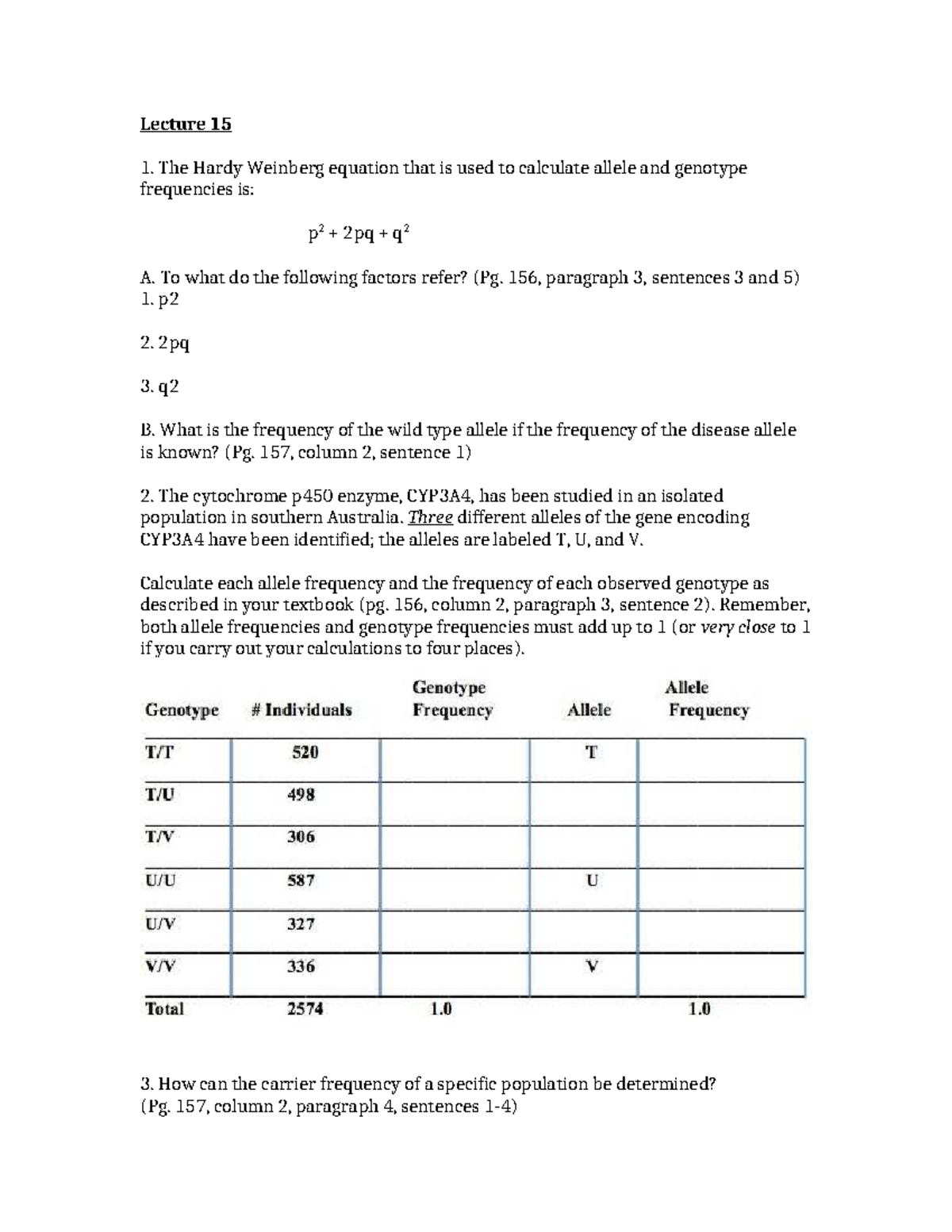 3201 Lecture 15 Study Guide: Hardy-Weinberg Equation & Allele ...
