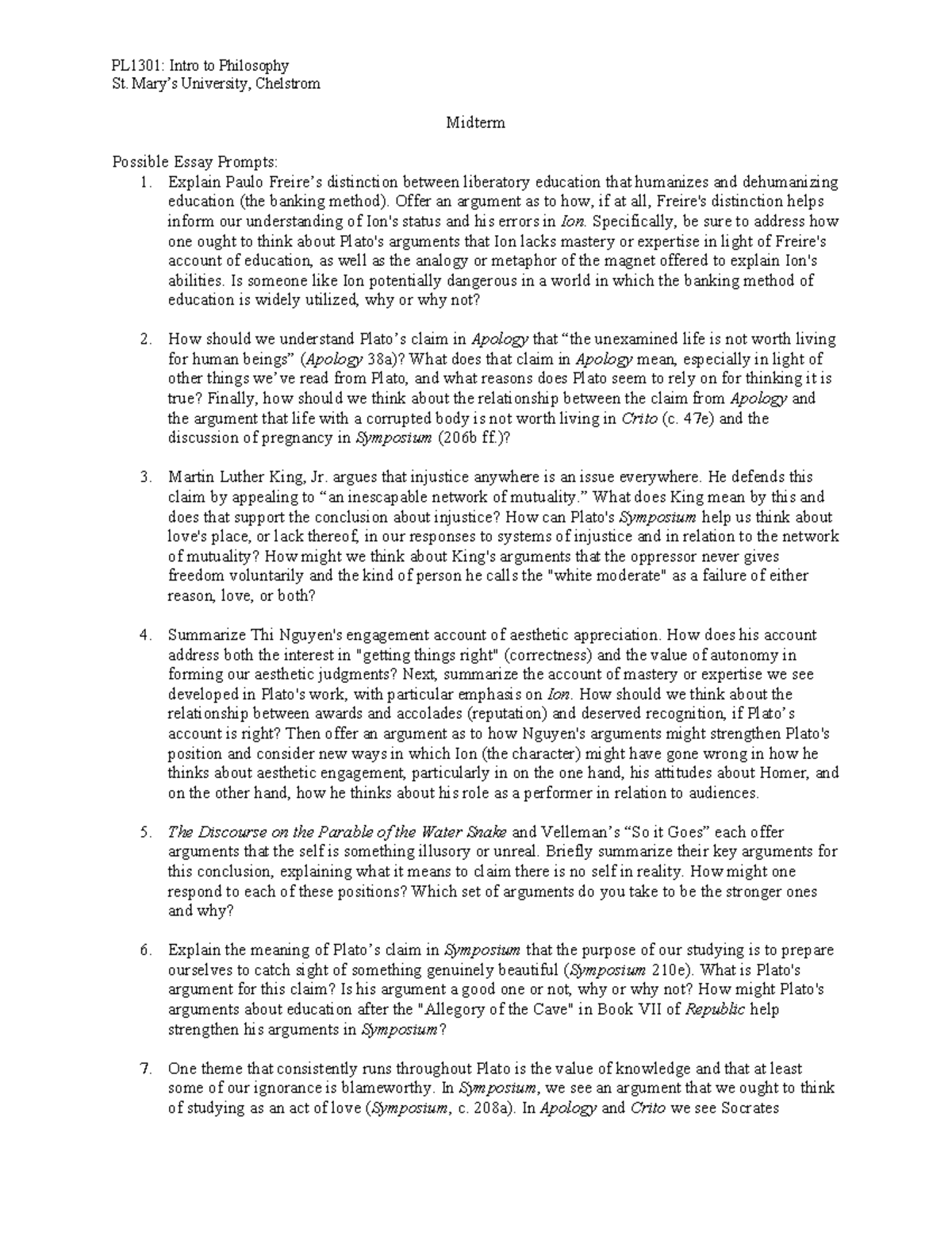 PL1301: Intro to Philosophy - Midterm Exam Essay Questions - Studocu