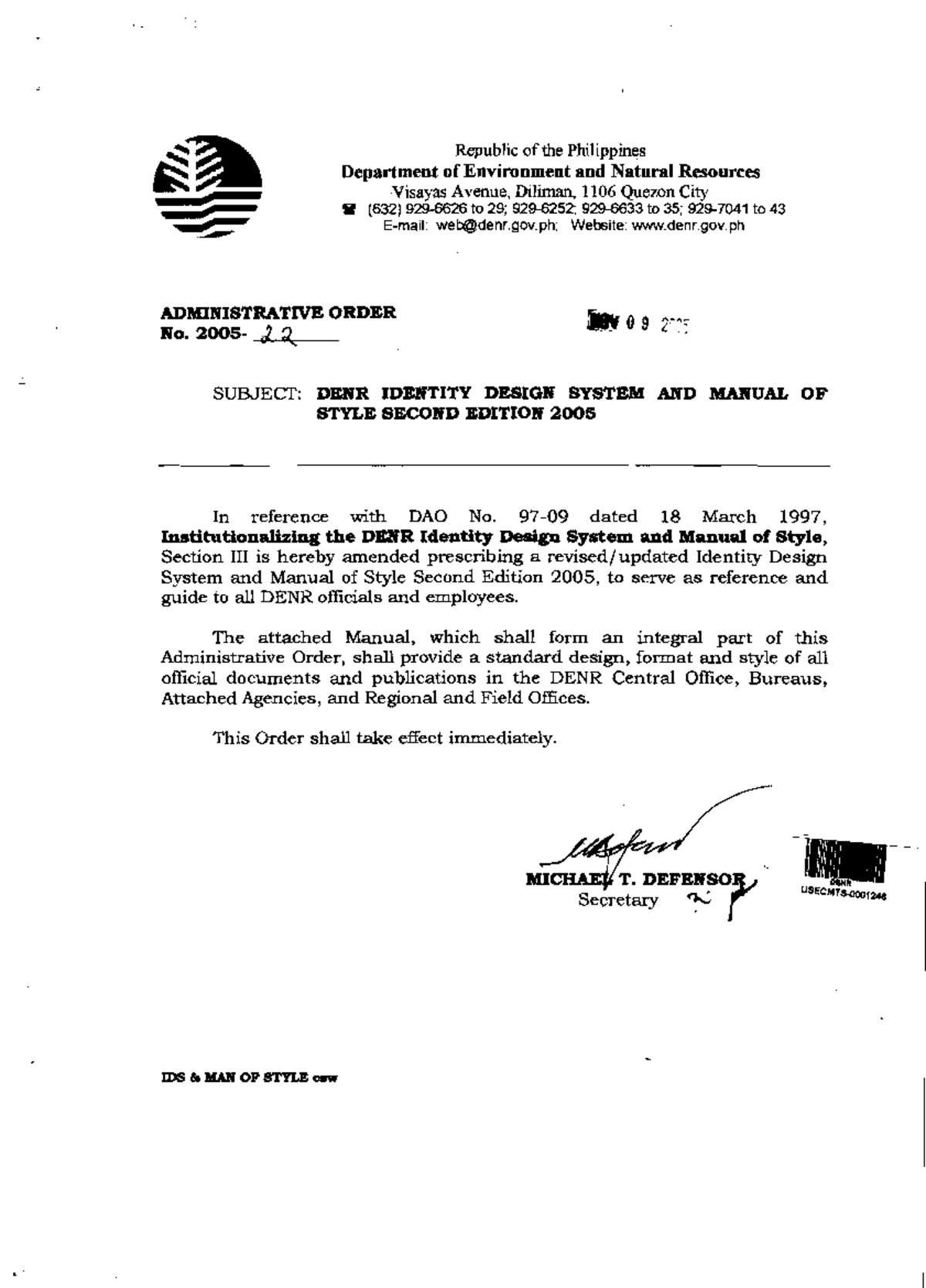DAO 2005-22: DENR Identity Design and Style Manual Second Edition - Studocu