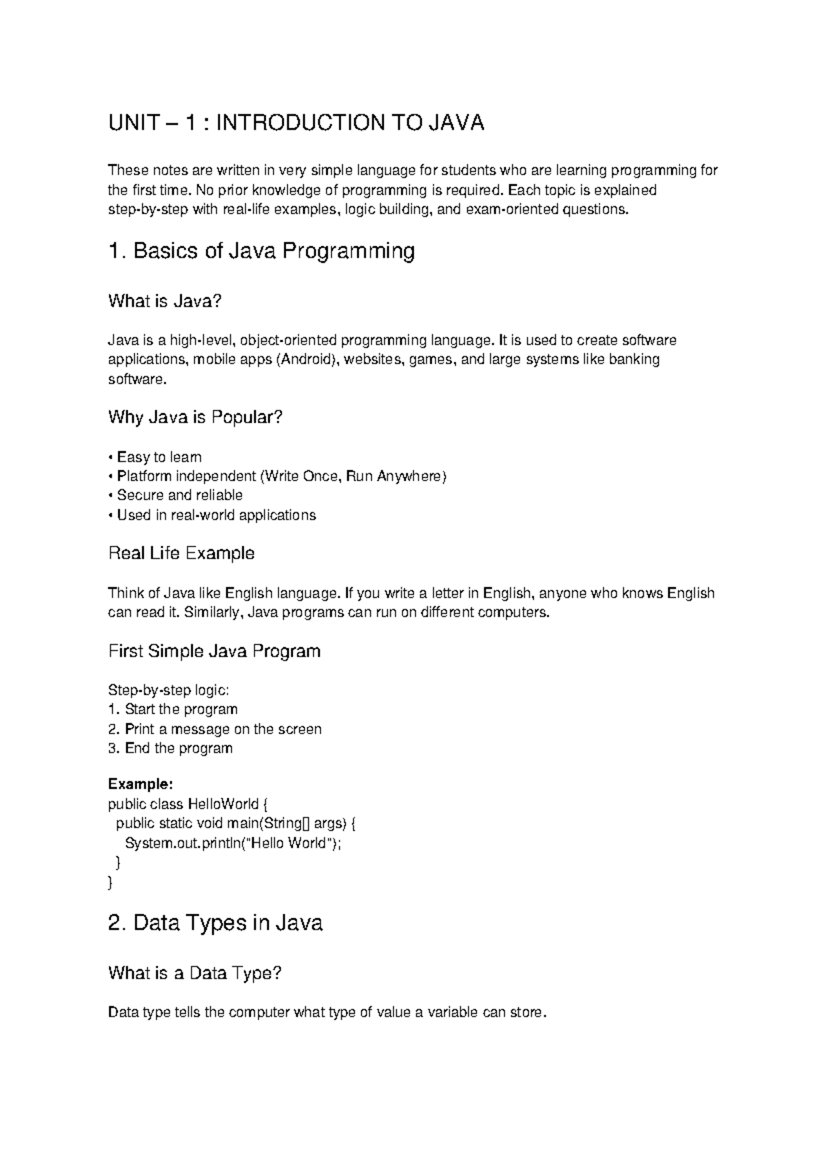 Unit 1: Intro to Java Programming Notes for Beginners - Studocu