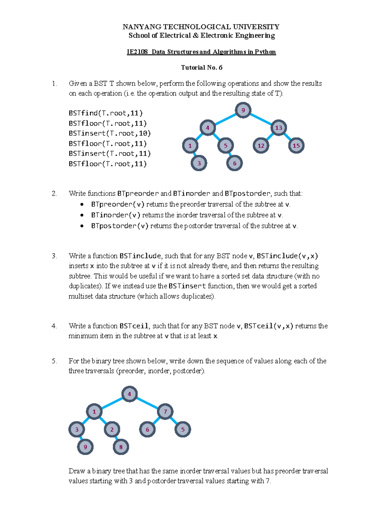 IE2108 Data Structures & Algorithms: Tutorial 06 on BST Operations - Studocu