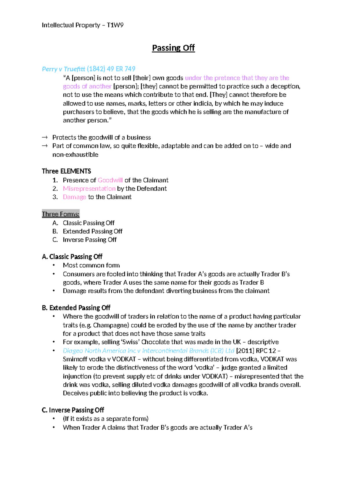 Passing Off: Key Concepts and Case Law - Lecture Notes - Studocu