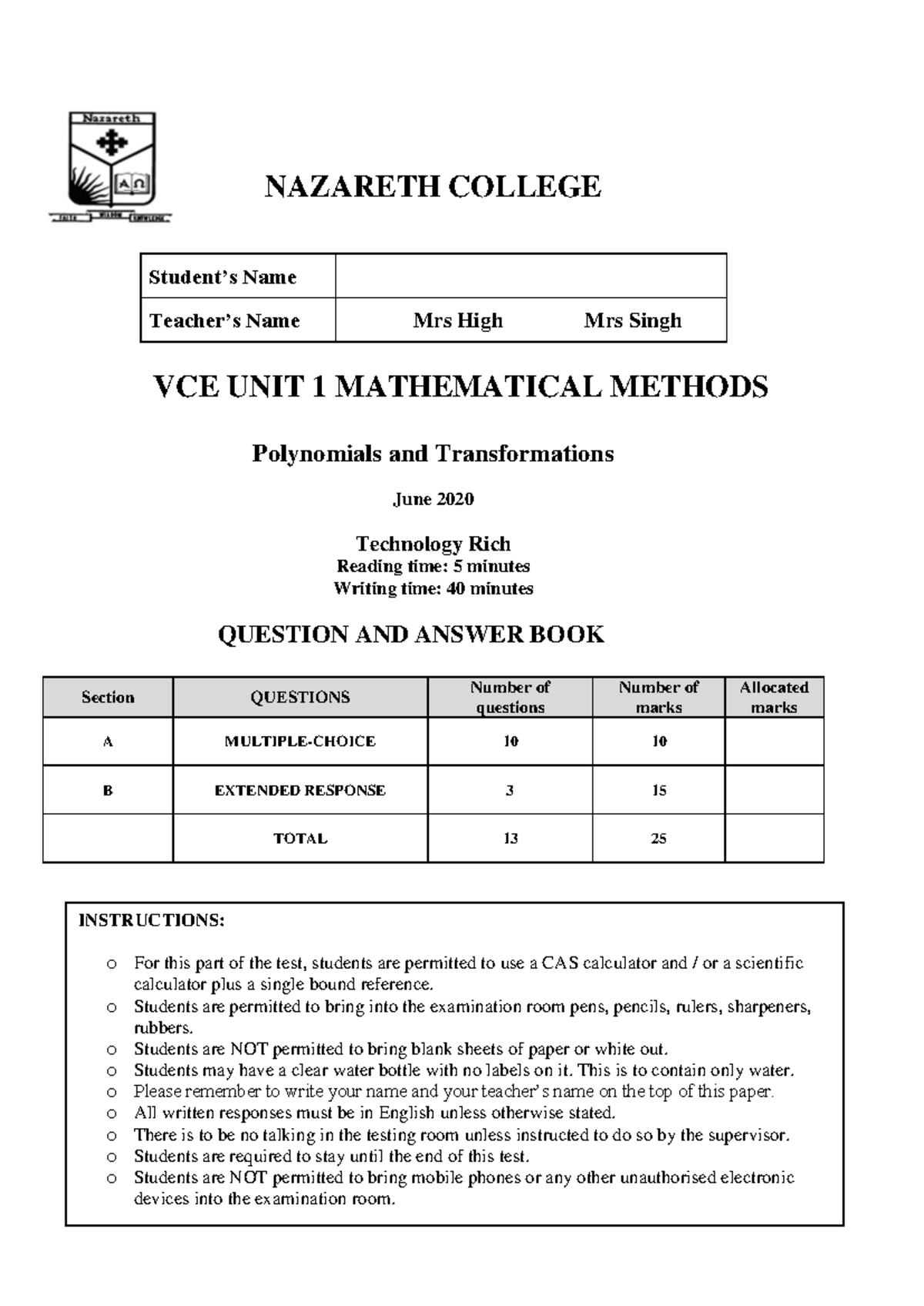 2020 VCE MMU1 Polynomials & Transformations Test - Tech Rich - Studocu