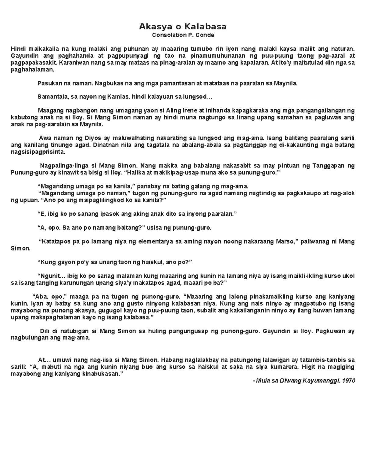 Akasya o Kalabasa - maikling kuwento - Akasya o Kalabasa Consolation P ...