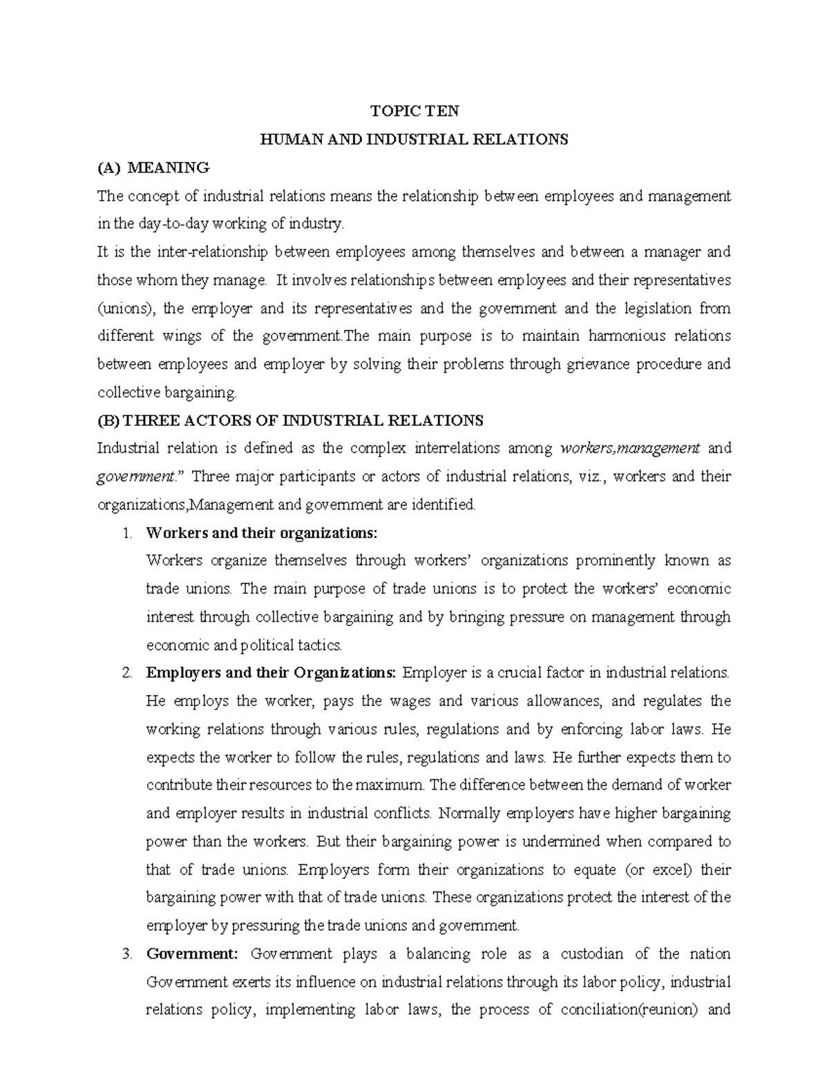 Industrial Relations: Key Concepts and Actors - Topic TEN Lecture Notes ...