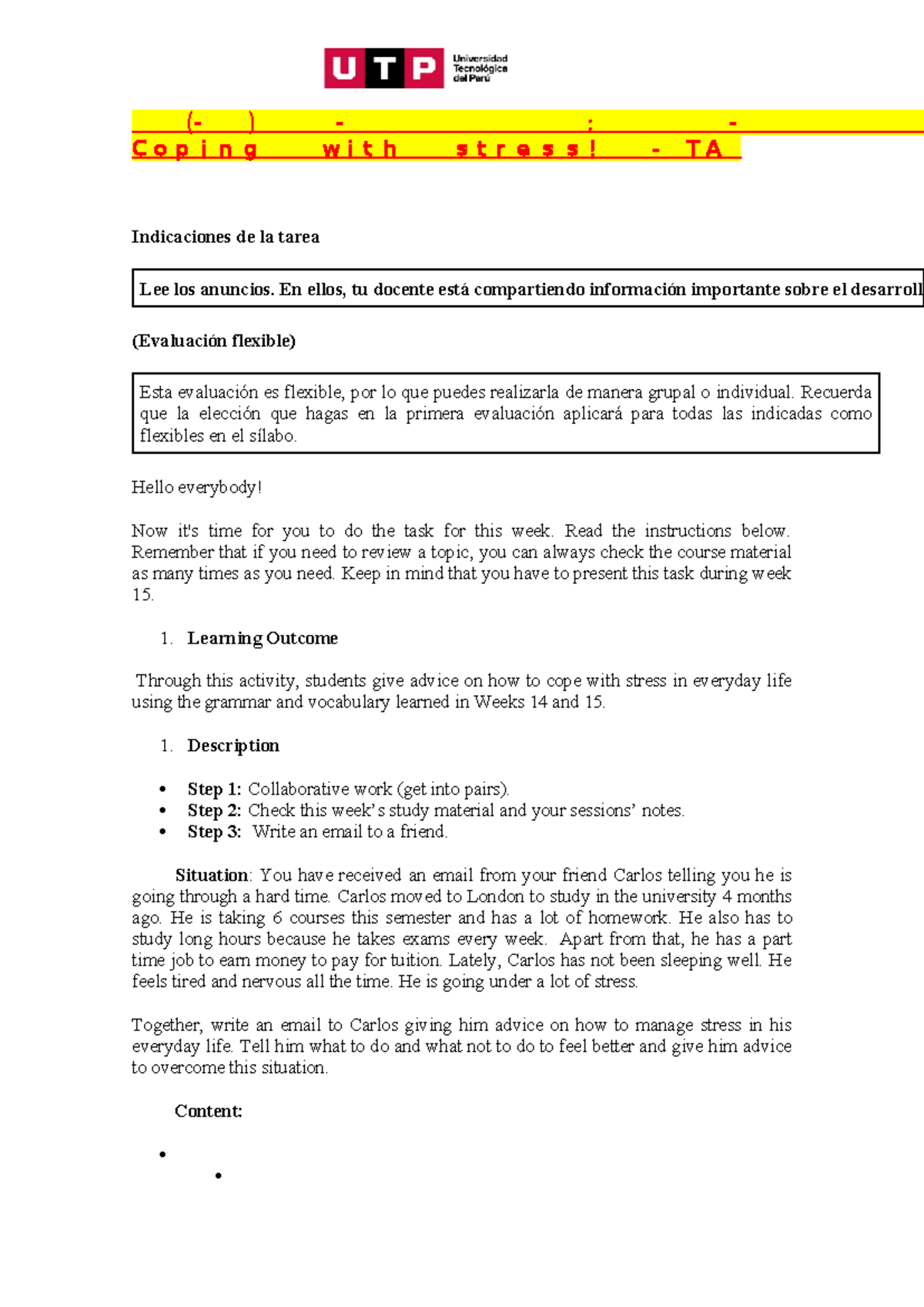 🔴 (AC-S15) Week 15 - Task Assignment: Coping with Stress - Studocu
