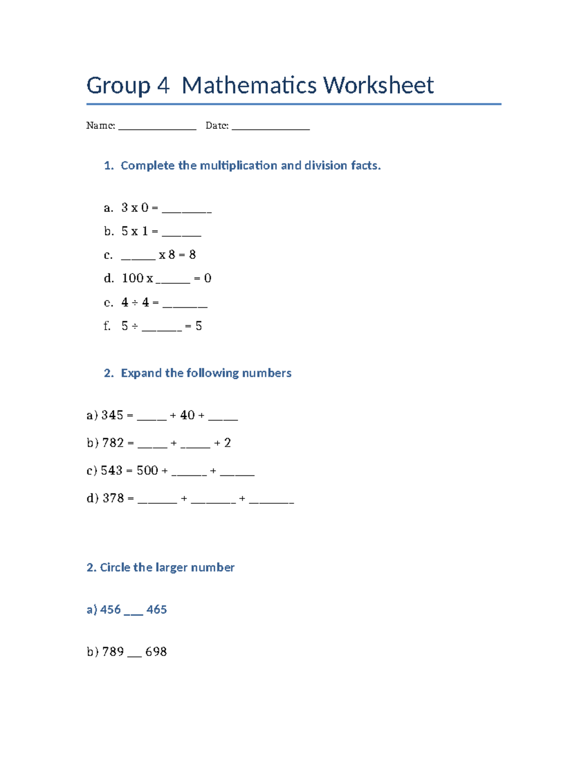 Group 4 Math Competition Worksheet: Multiplication & Division Facts ...