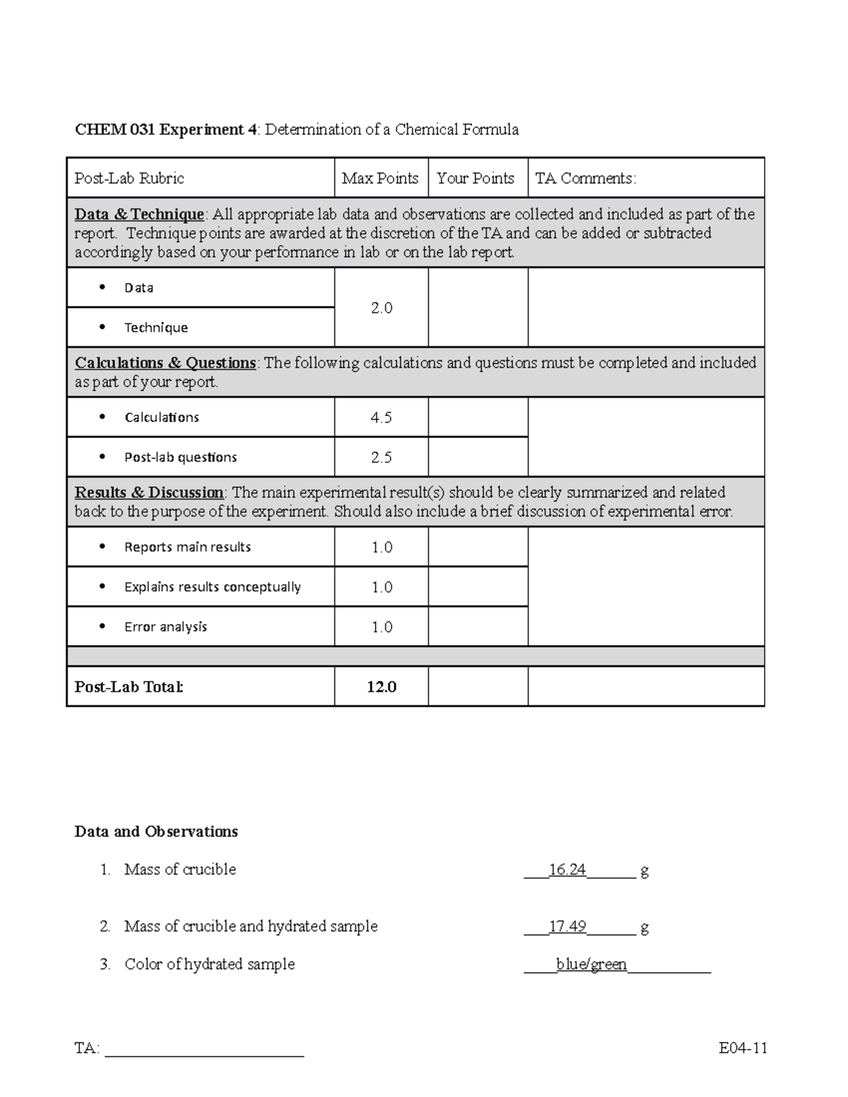 Lab 4 Post-Lab Report and Calculations - General Chem Fall Sem 2023 ...