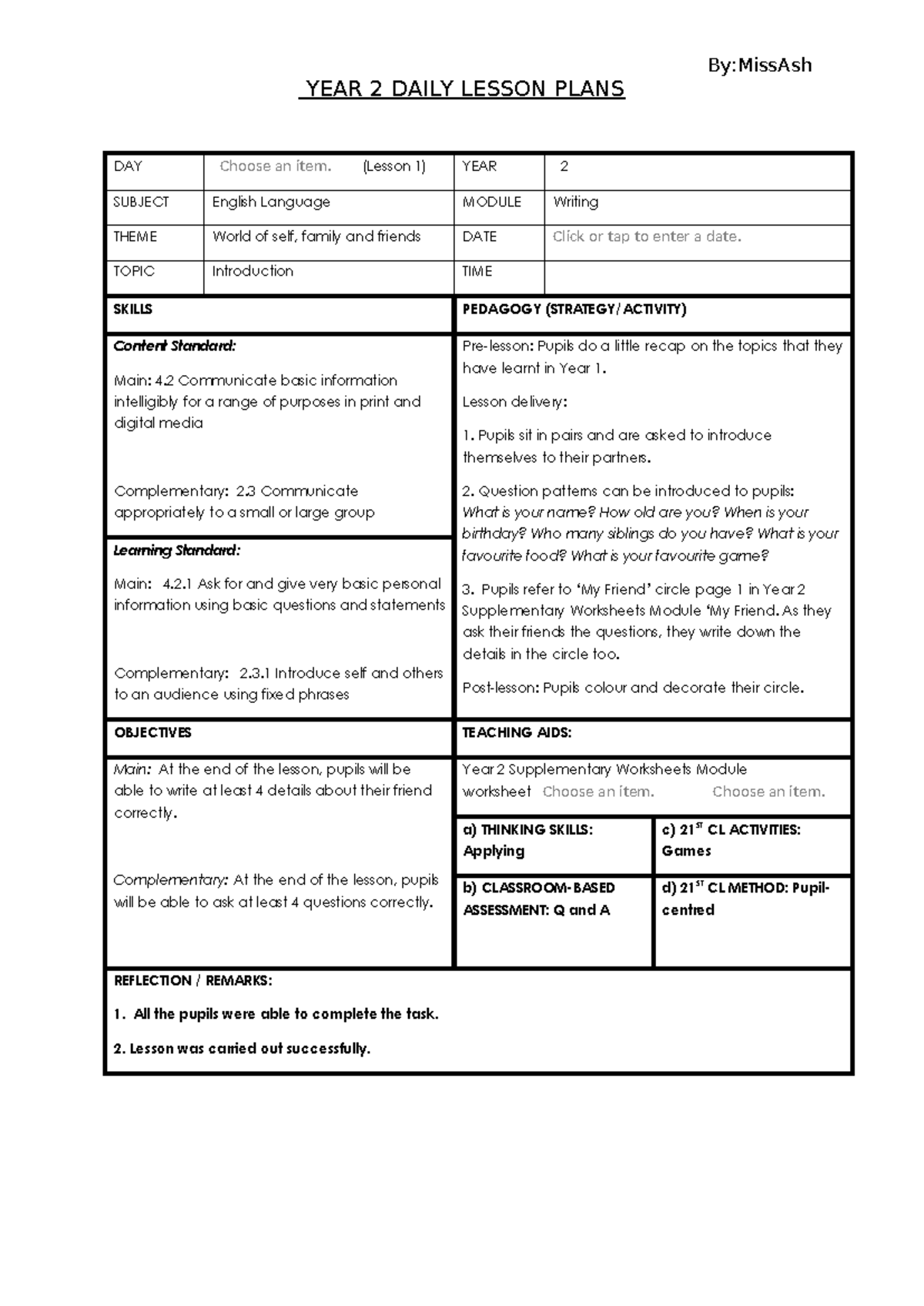 Y2 English Language Daily Lesson Plans (Units 1-5) - Studocu