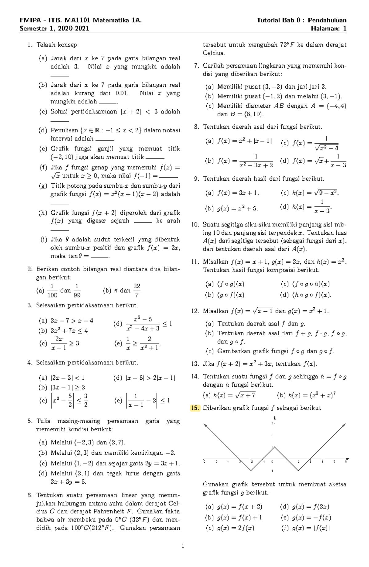 Tutorial Bab 0: Pendahuluan Matematika IA MA1101 Semester 1 2020 - Studocu