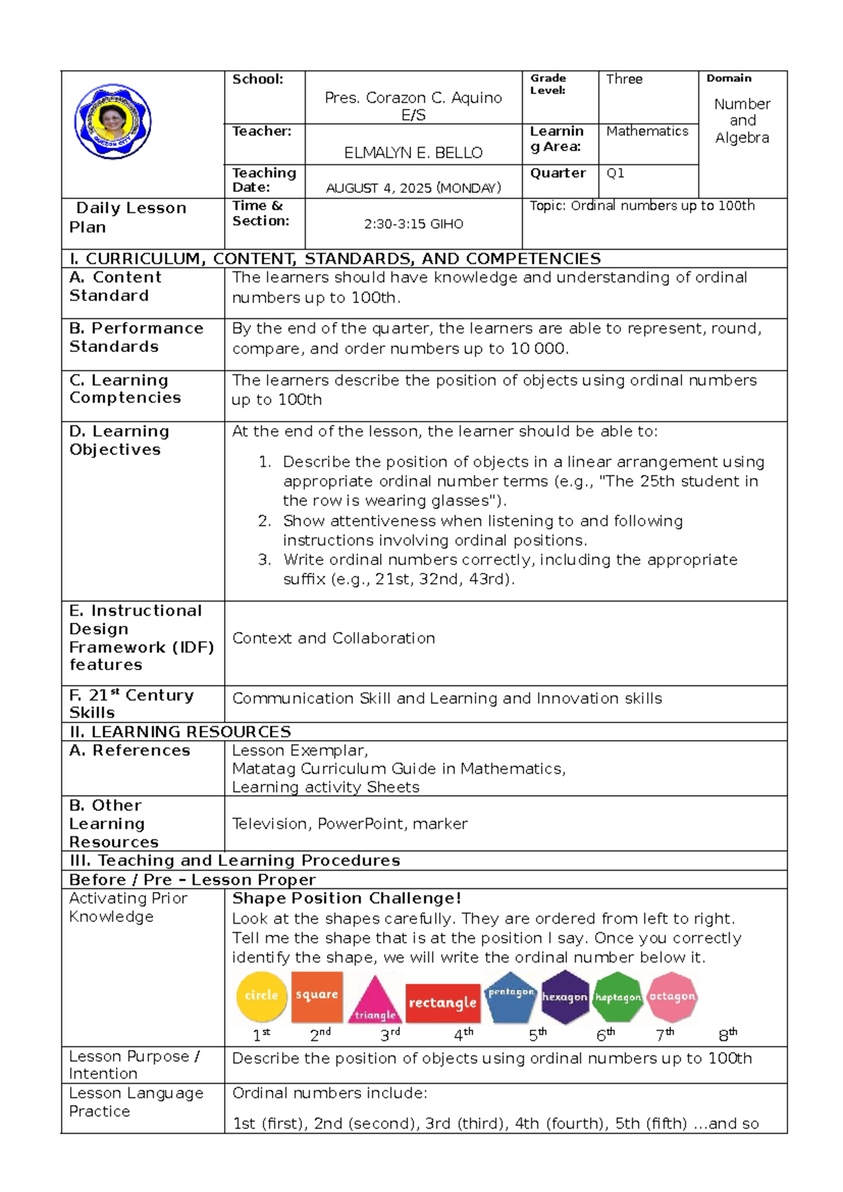 Math Lesson Plan: Ordinal Numbers up to 100th (Grade 3) - Studocu
