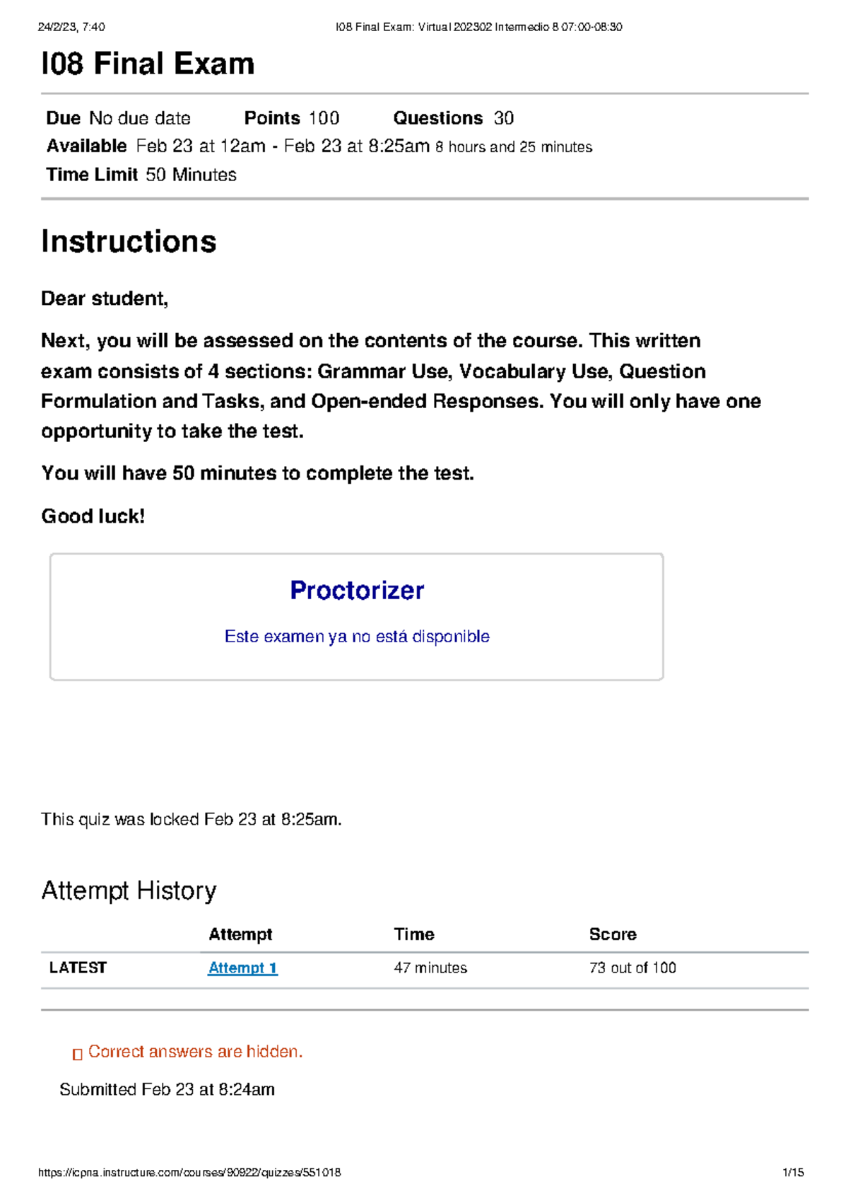 I08 Final Exam Virtual 2023 - Intermedio 8 (Corrected) - Studocu