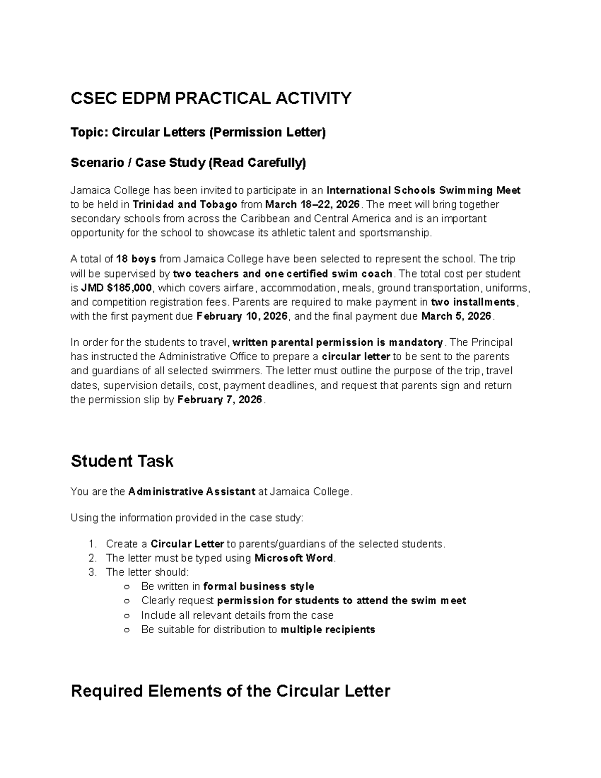 CSEC EDPM Case Study: Circular Letter for Swim Meet Permission - Studocu