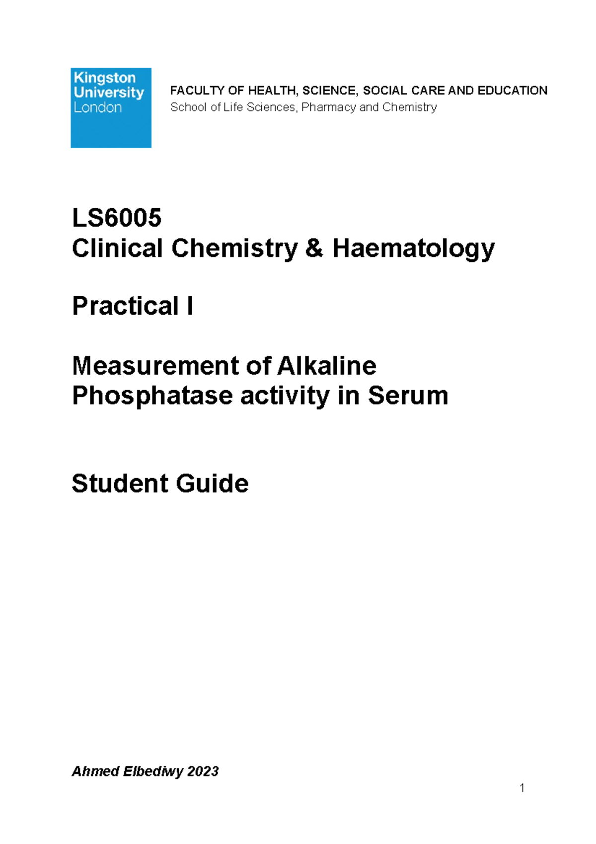 LS6005 2023-24 Practical 1: Alkaline Phosphatase Measurement Guide ...