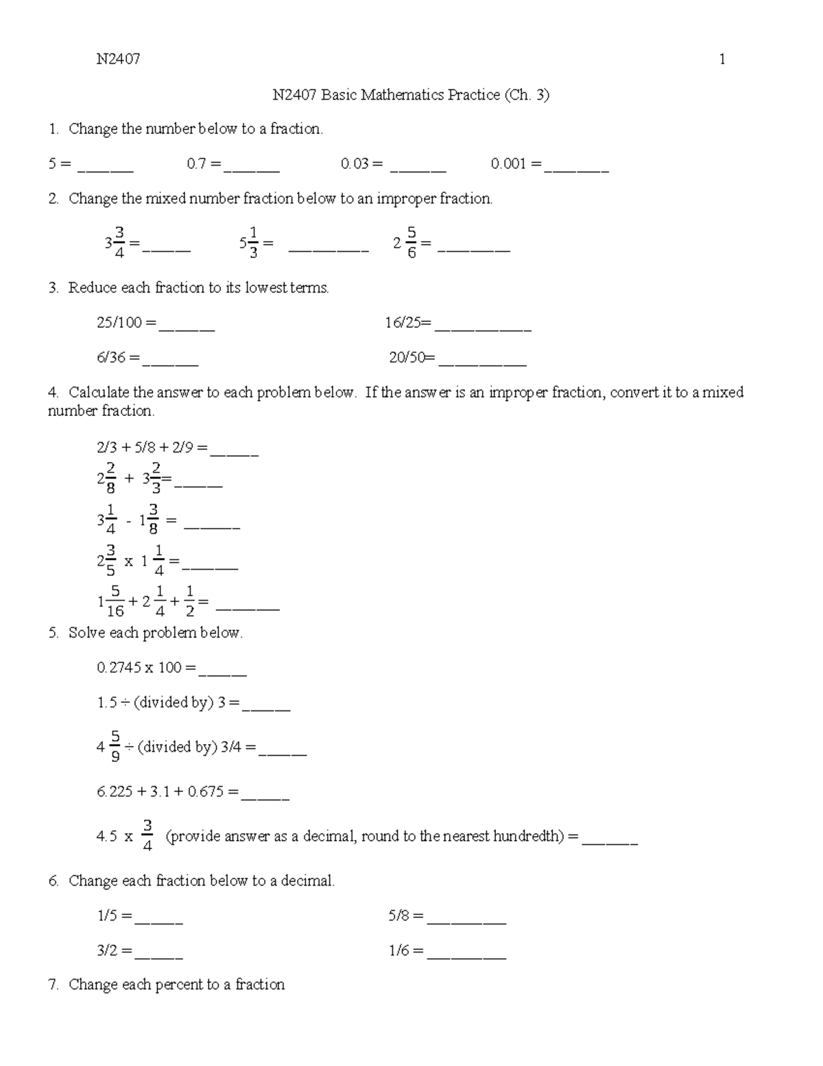 N2407 Basic Mathematics Practice: Fractions, Decimals, and Percentages - Studocu