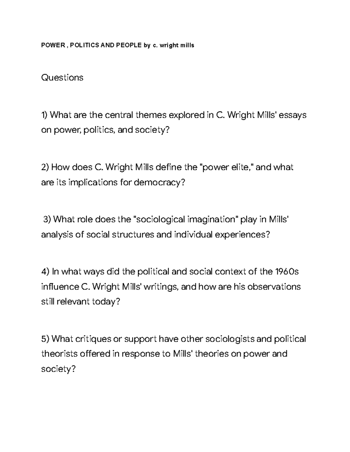 Power, Politics, and Society: Insights from C. Wright Mills - Studocu