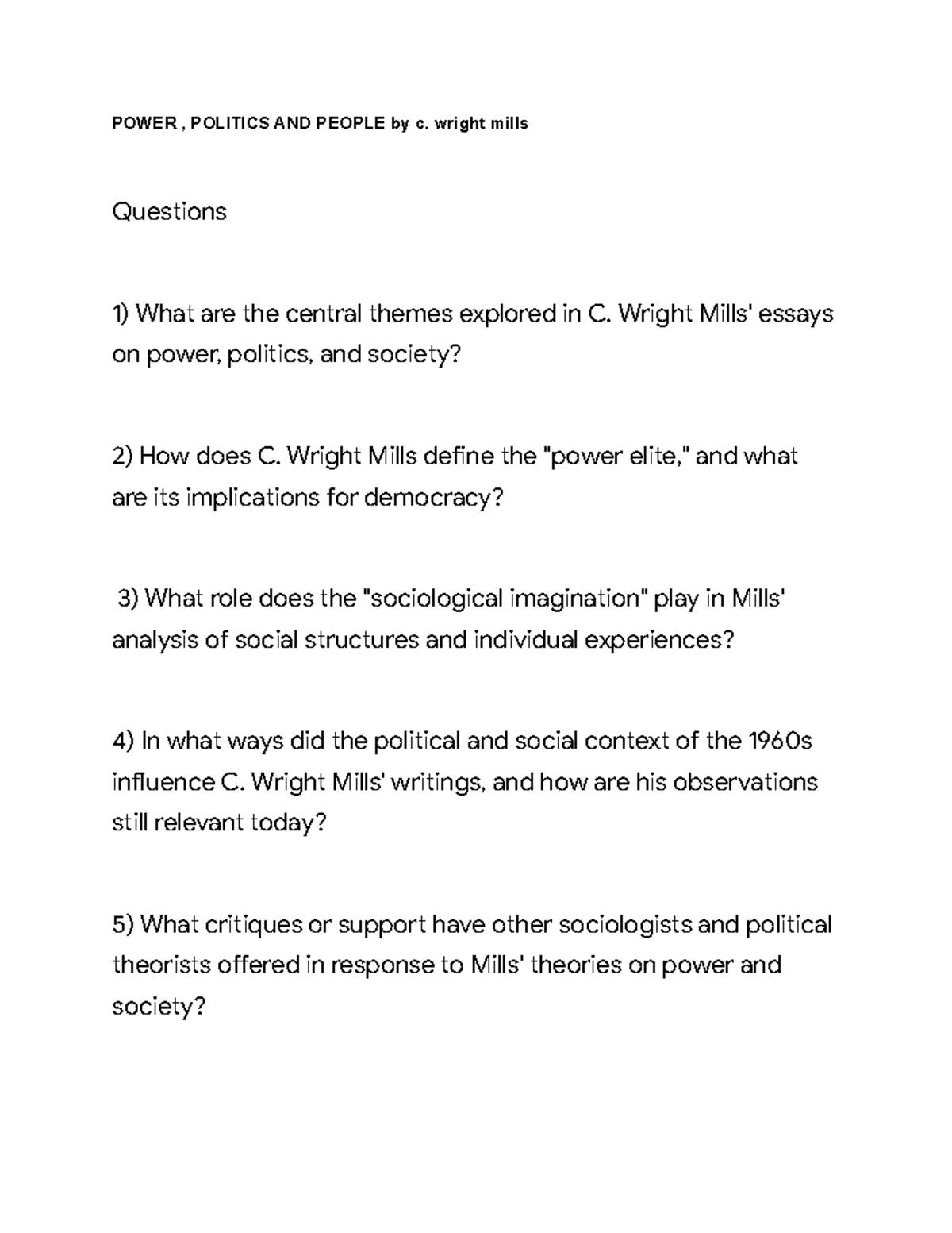 Power, Politics, and Society: Insights from C. Wright Mills - Studocu