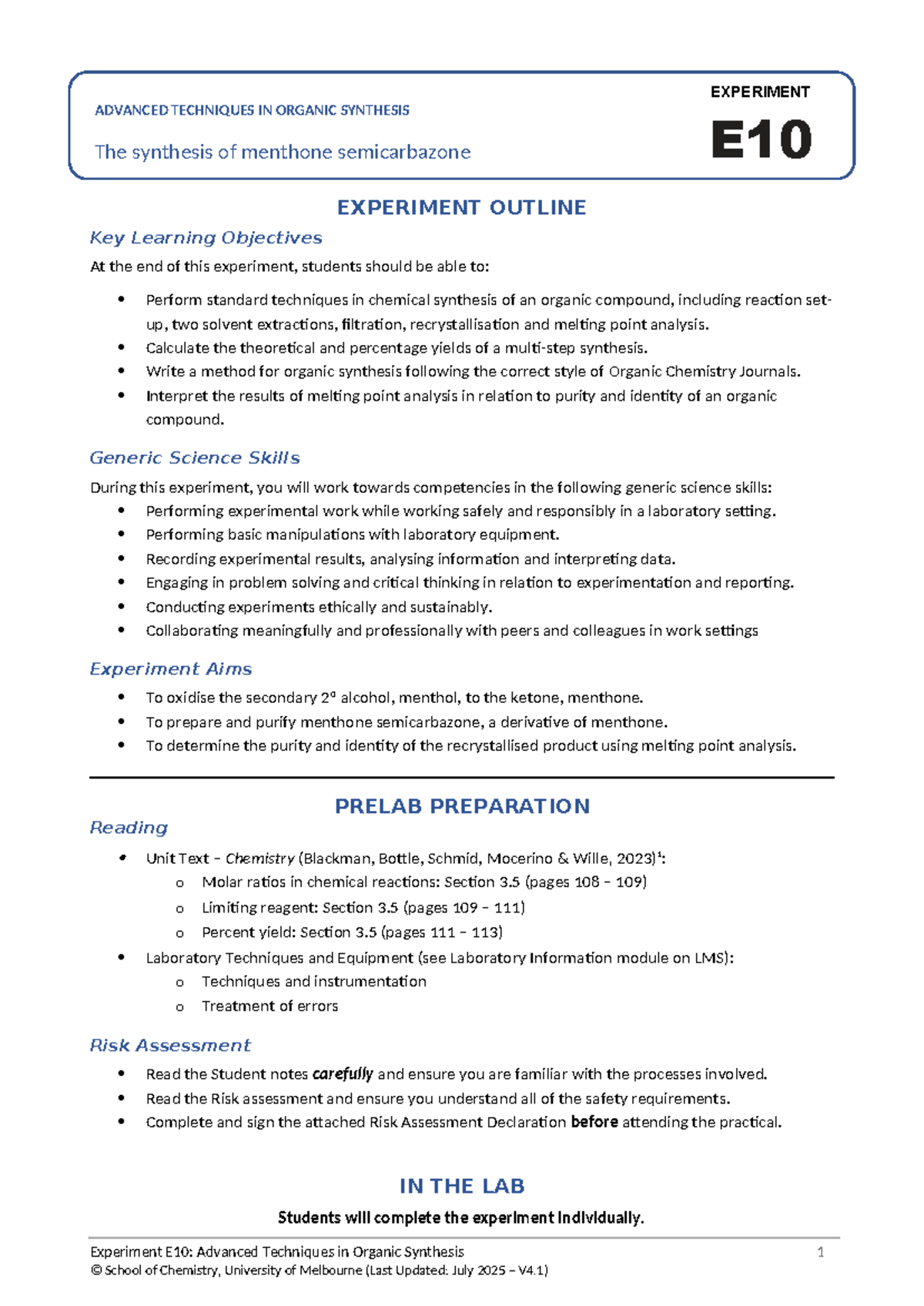 Experiment E10: Synthesis and Analysis of Menthone Semicarbazone - Studocu