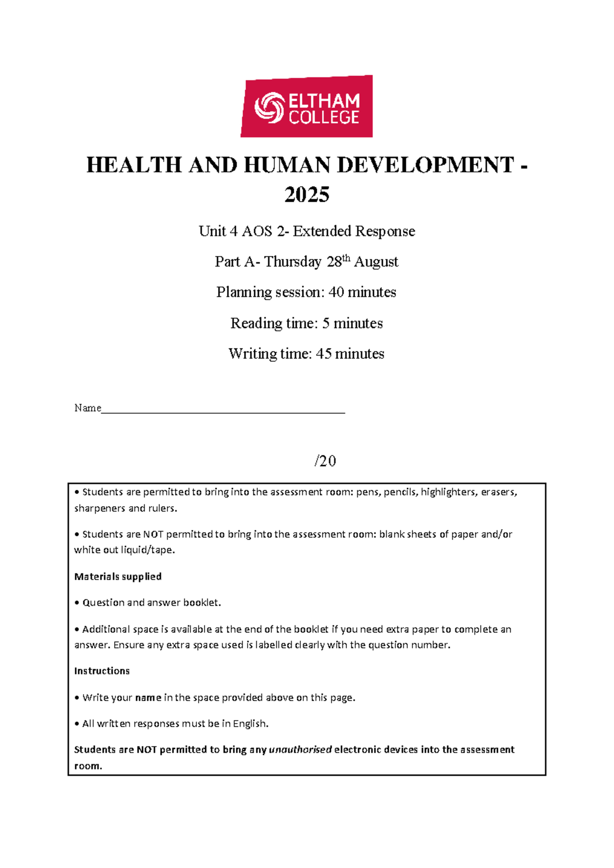 HEALTH AND HUMAN DEVELOPMENT 2025 Unit 4 AOS Extended Response Guide ...