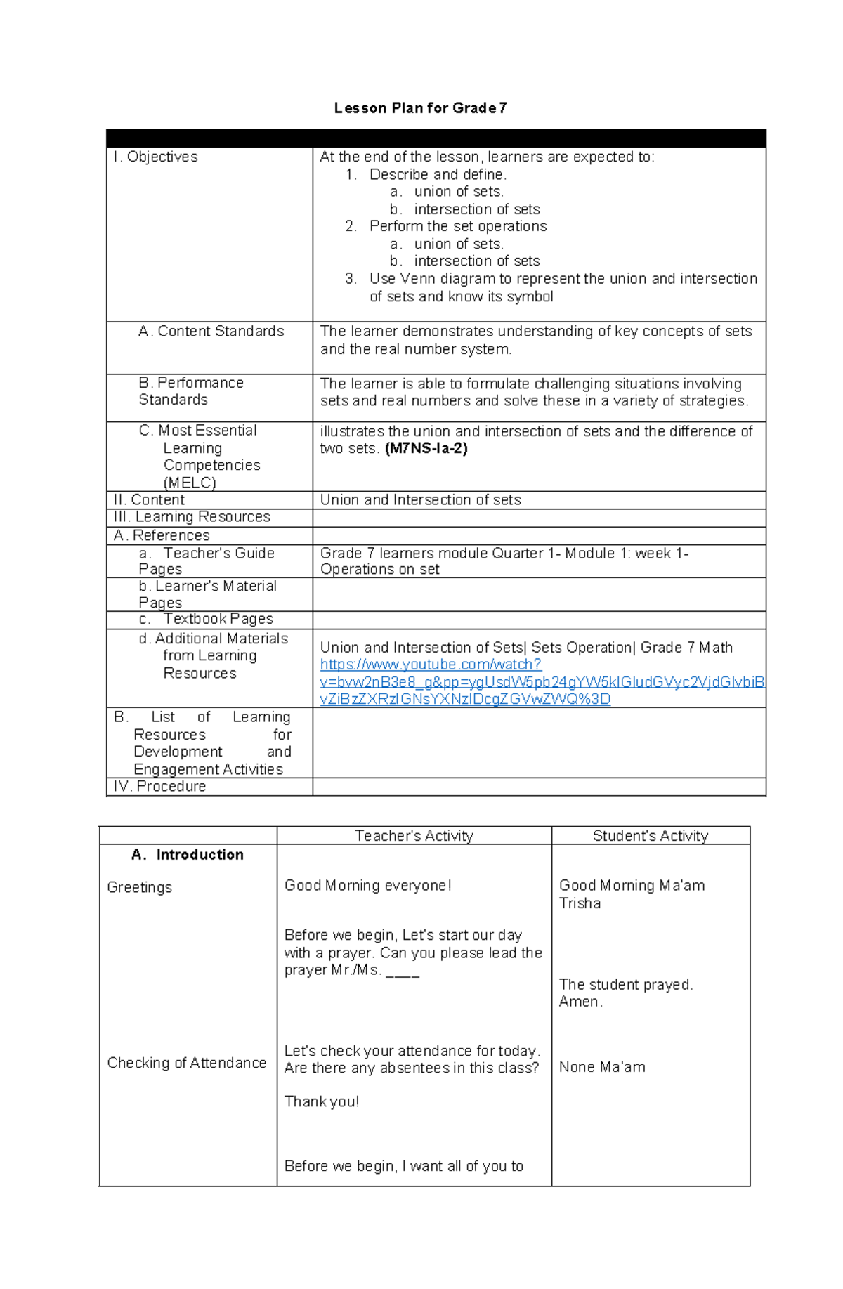 Grade 7 Math Lesson Plan: Union & Intersection of Sets (M7NS-Ia-2 ...