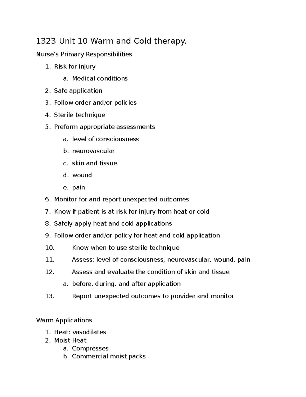 1323 Unit 10 Heat and Cold Therapy: Nursing Responsibilities - Studocu