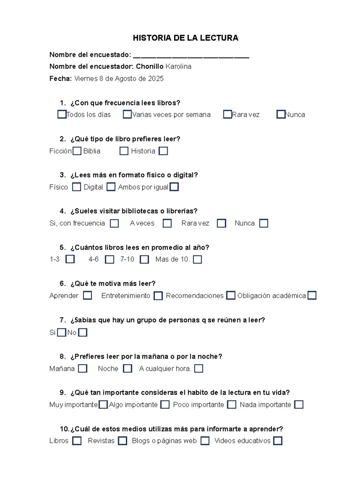 HISTORIA DE LA LECTURA: Encuesta sobre Hábitos de Lectura - Studocu