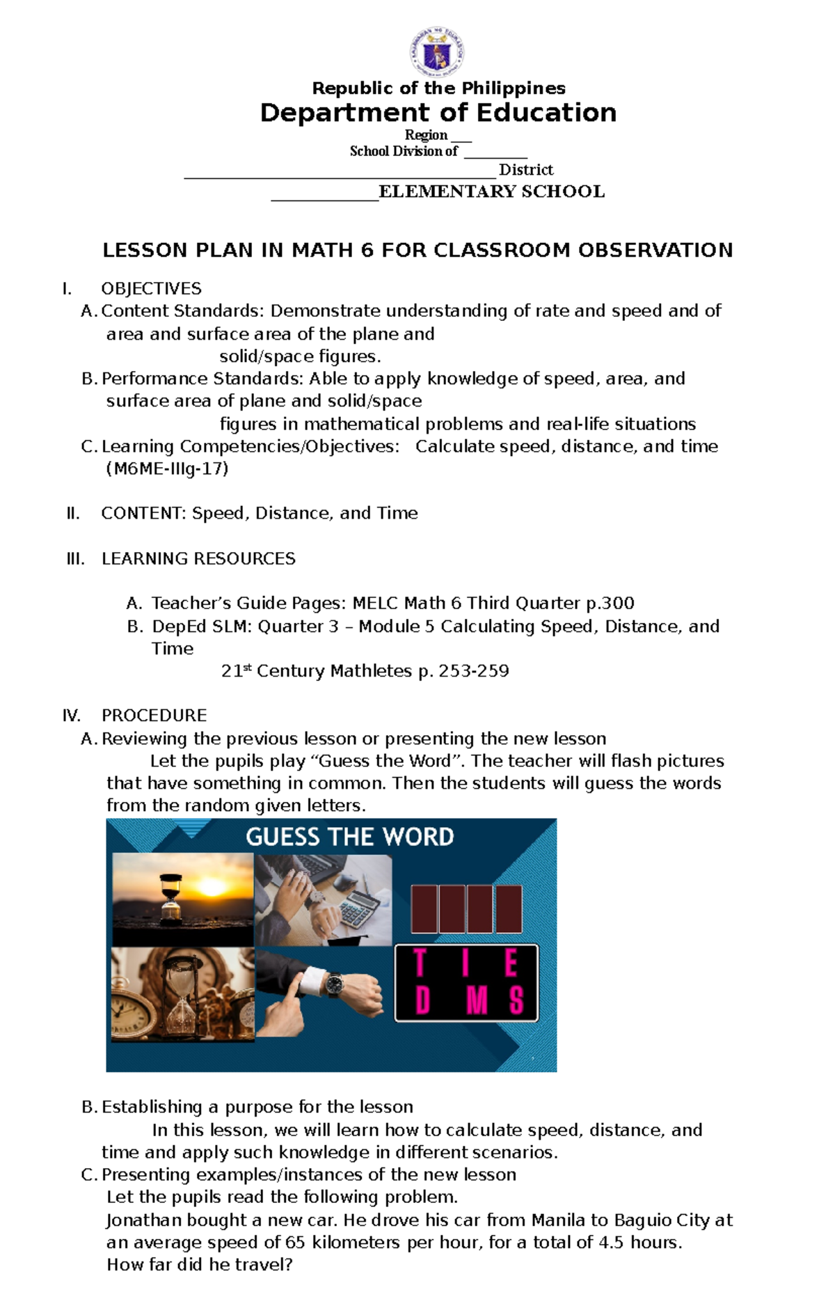 Lesson PLAN IN math FOR Classroom Observation - LESSON PLAN IN MATH 6 ...