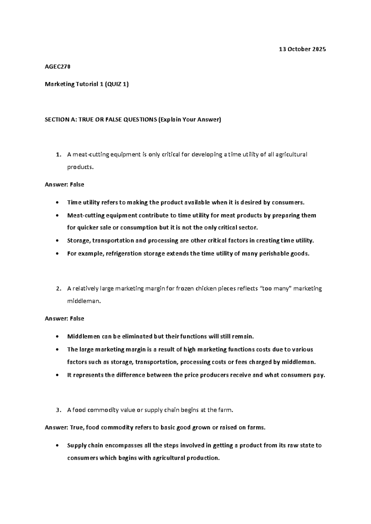 AGEC270 Marketing Tutorial 1: True/False Quiz & Discussion Insights ...