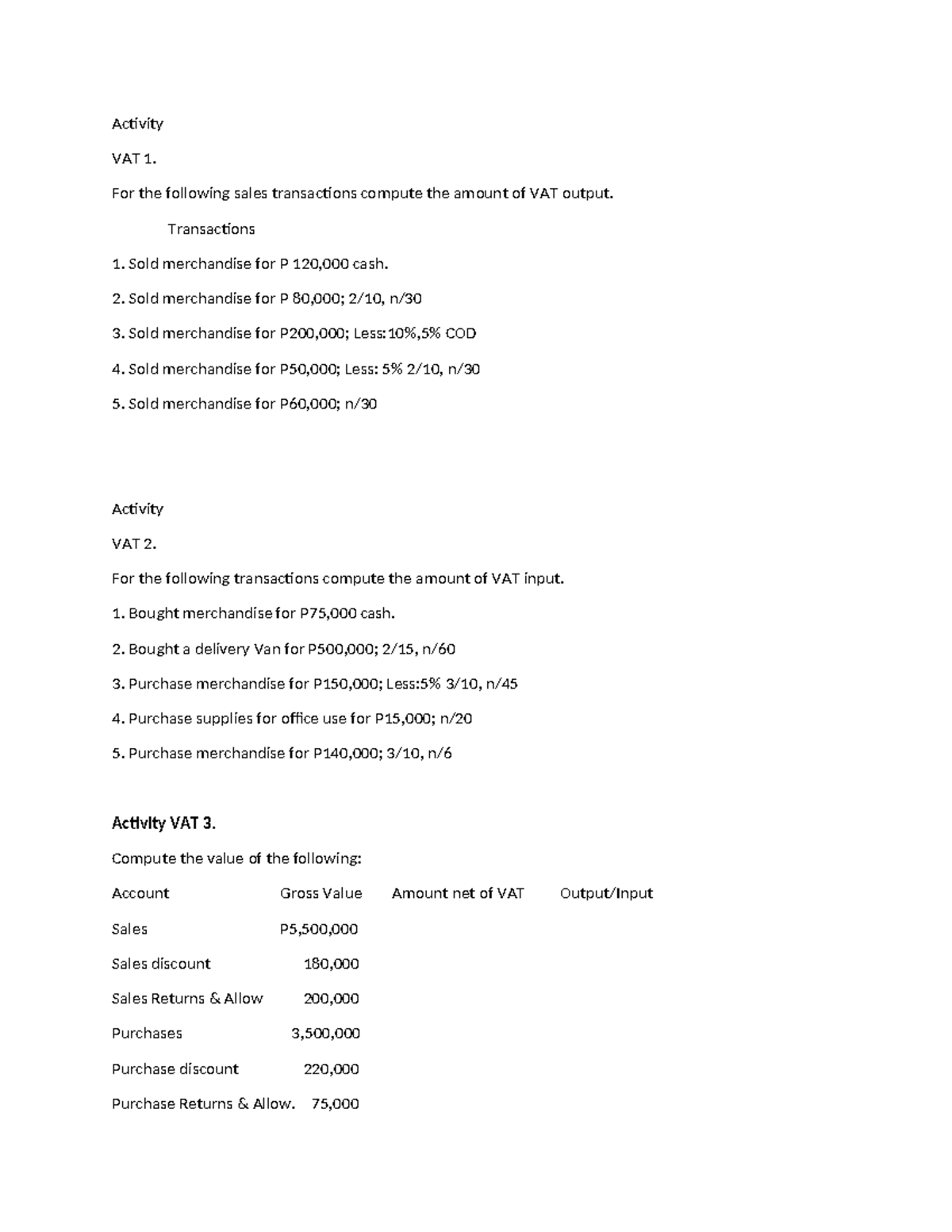 VAT-SIM Act 1 & 2 - Output & Input VAT Computation Notes - Studocu