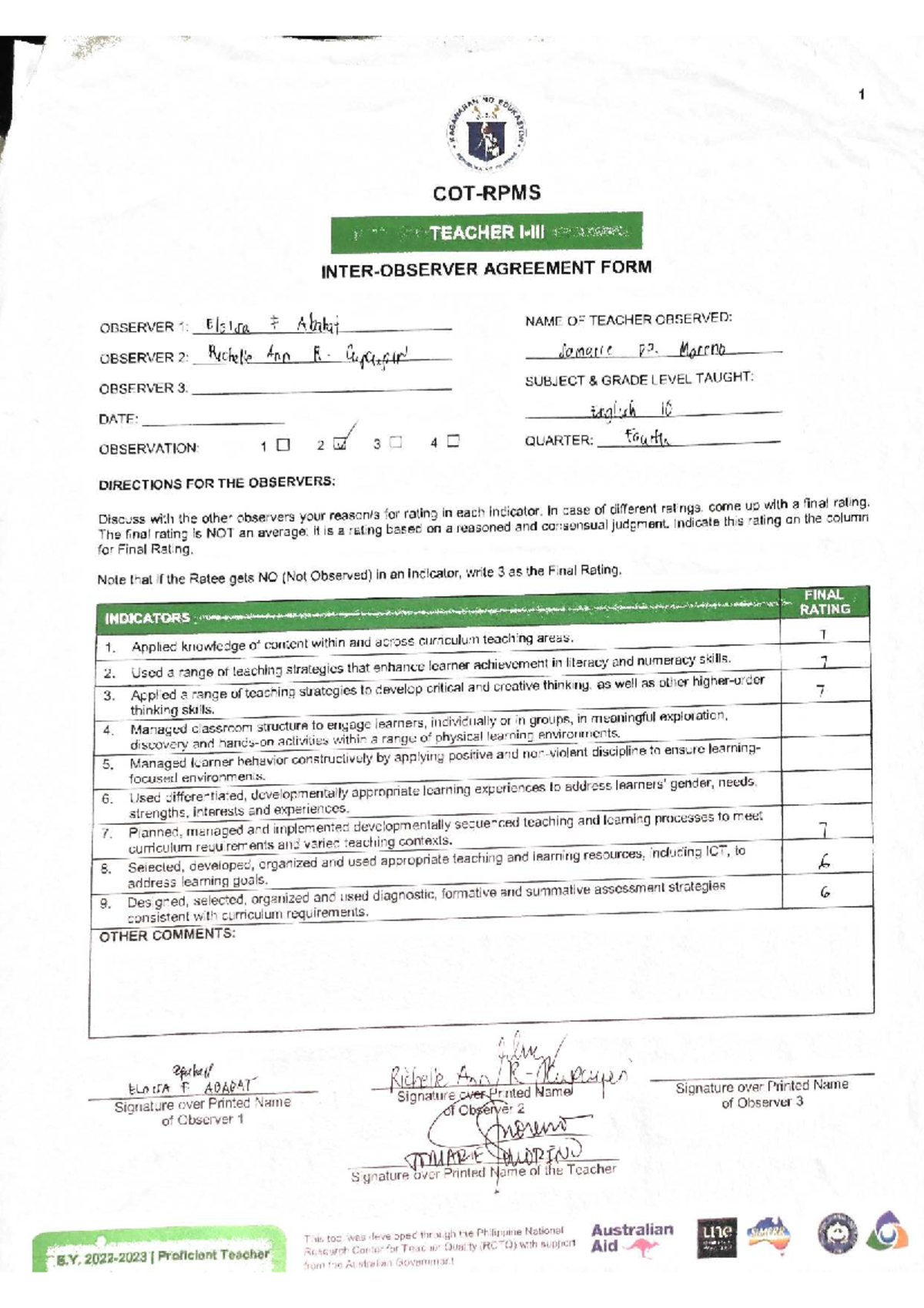 NG 1 EDUKASION NO 3: Teacher Observation Form for English 10 - Studocu
