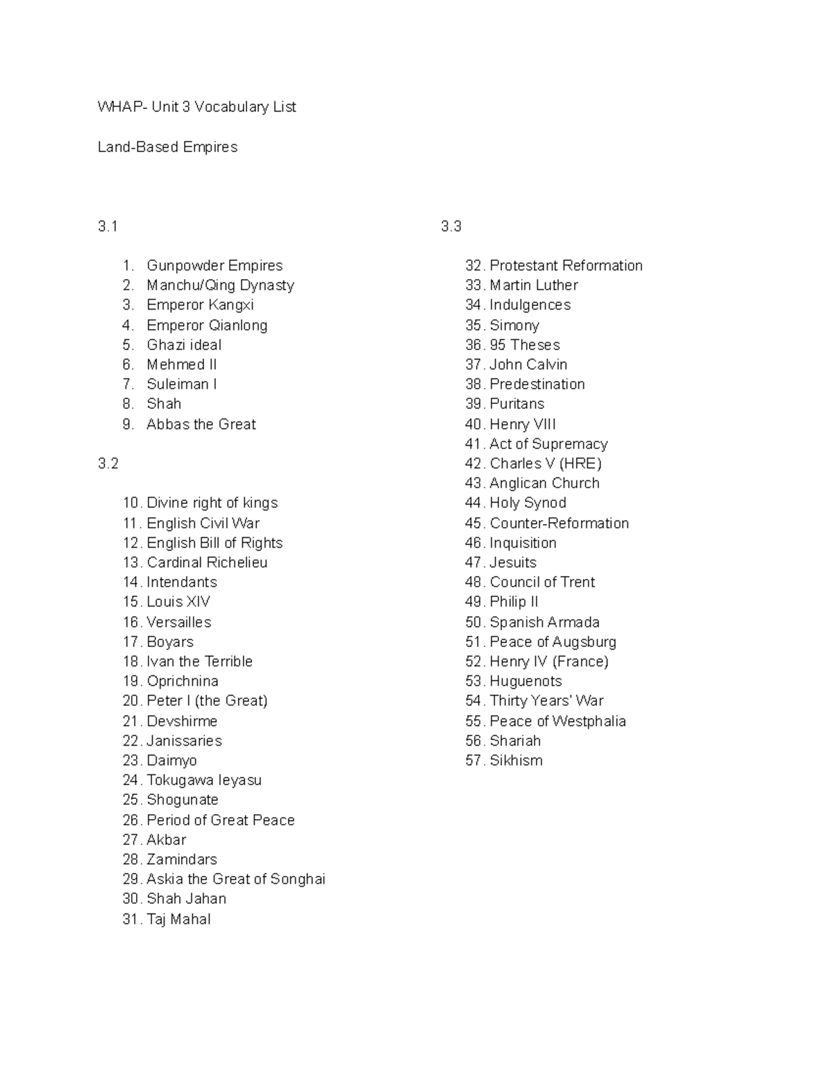 WHAP- Unit 3 Vocabulary List - 1. Gunpowder Empires 2. Manchu/Qing ...