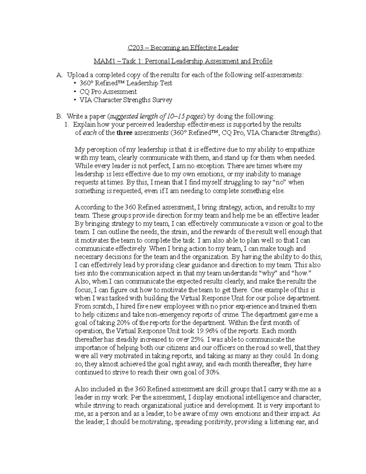 C203 - Task 1 - Leadership Assessment & Profile for Effective Leaders ...