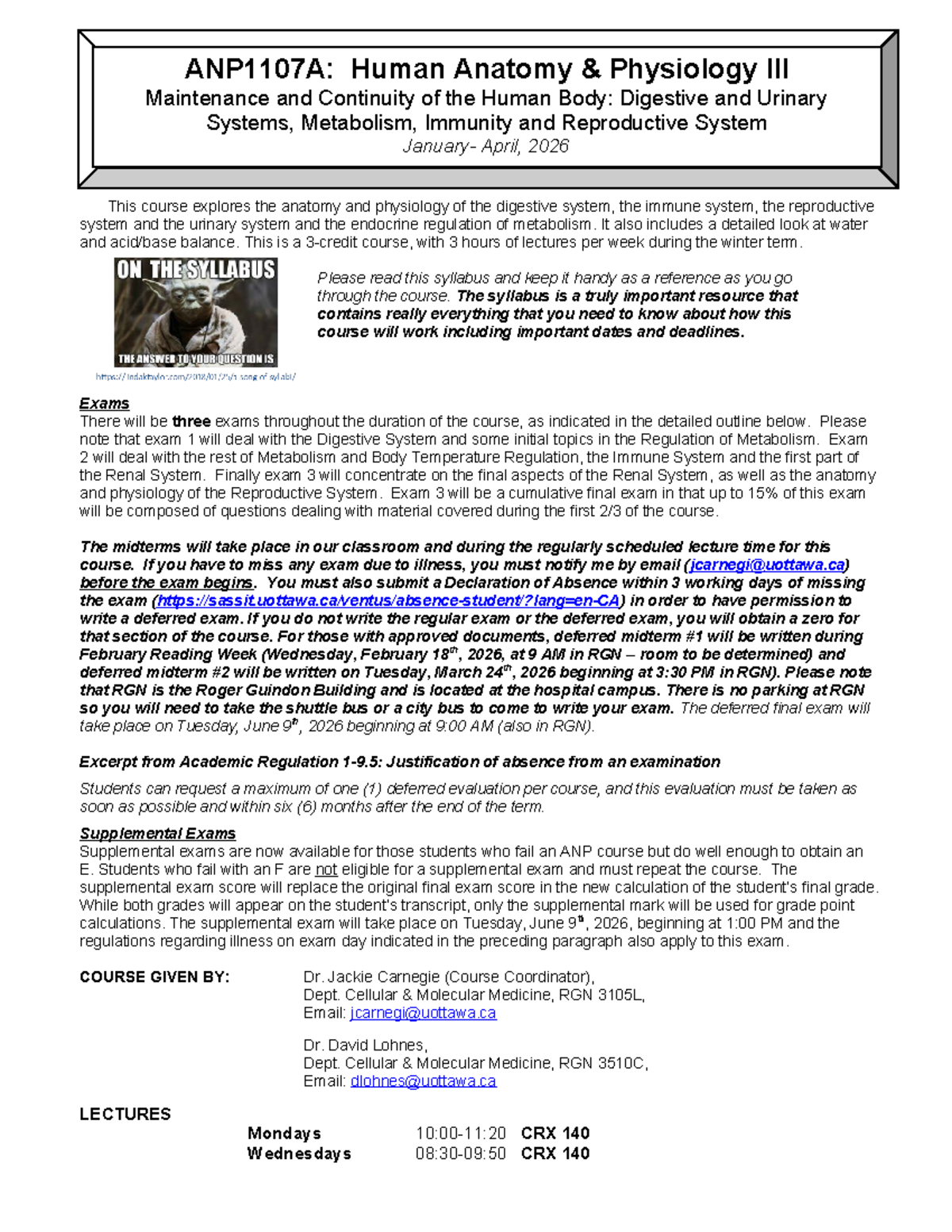 ANP1107A: Syllabus for Human Anatomy & Physiology - 2026 - Studocu