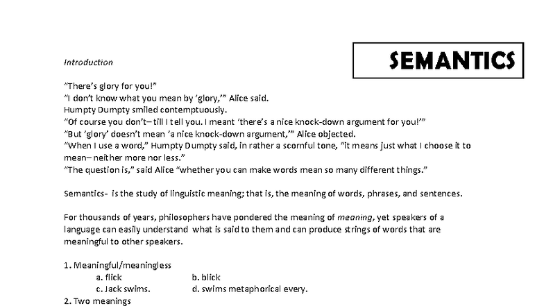 Semantics Handout - FCCG: Understanding Meaning in Language - Studocu