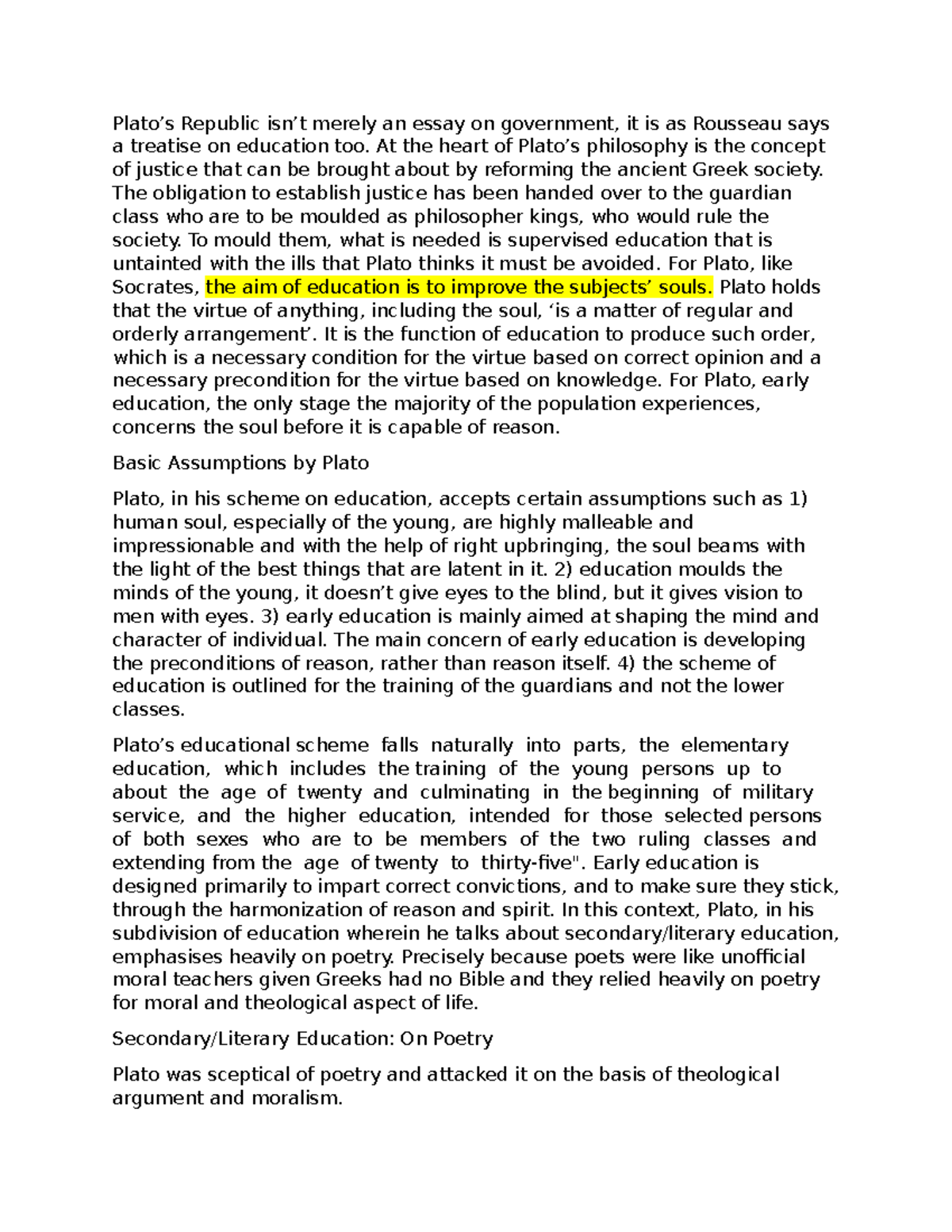 Plato's Philosophy on Education: Guardians and the Ideal State - Studocu