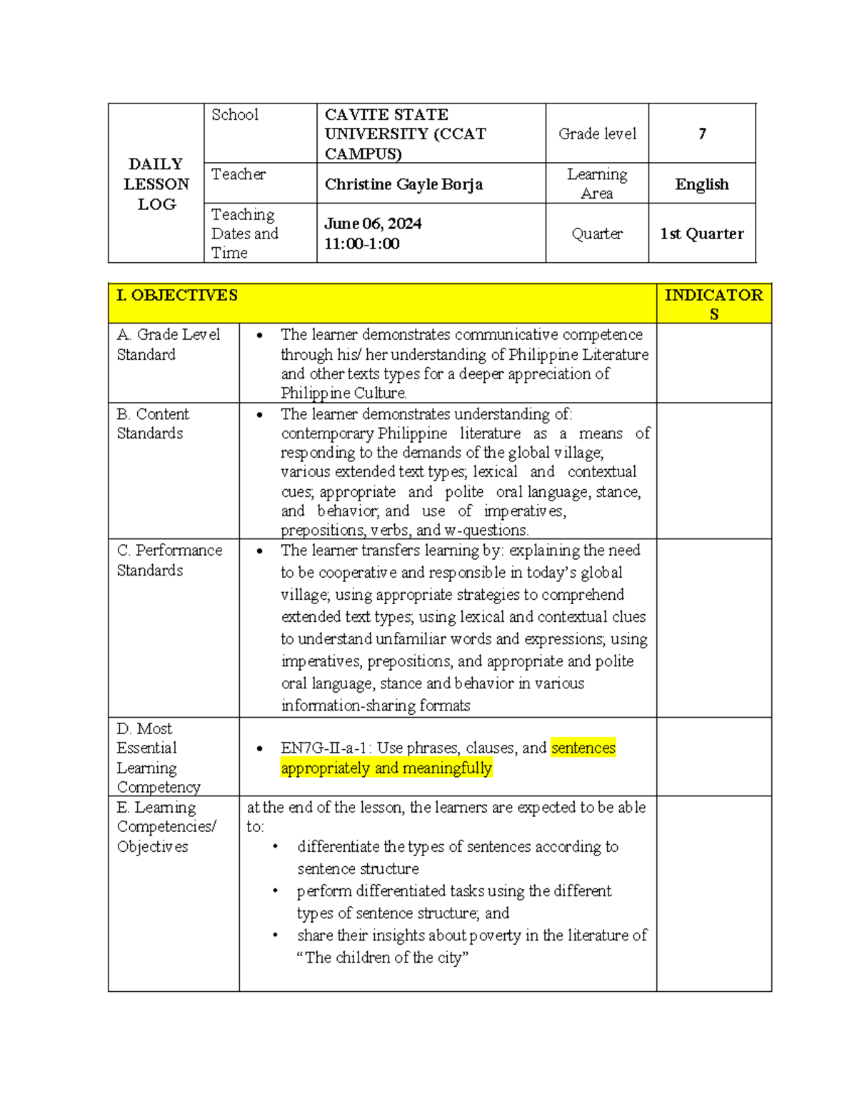 Detailed Lesson Plan for English 7: Types of Sentence Structures - Studocu